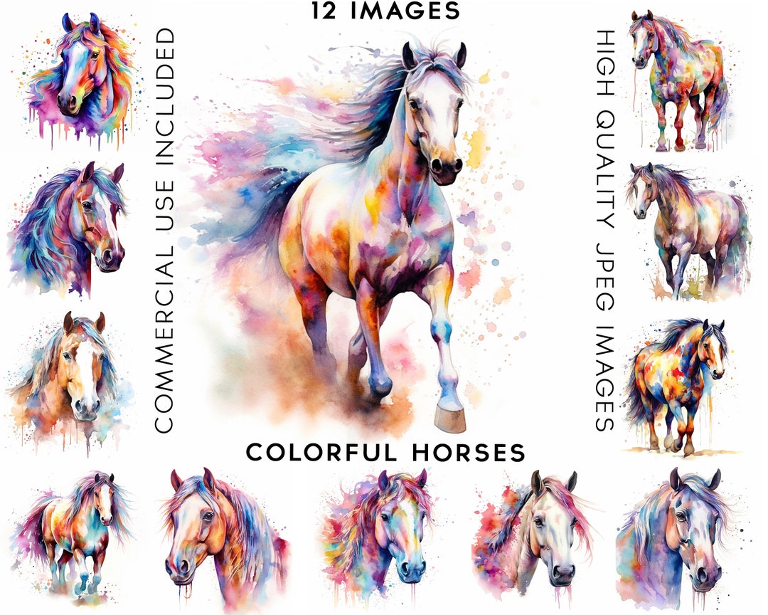 Colorful Horse Clipart, 12 High Quality Jpgs , Watercolor Clipart ...