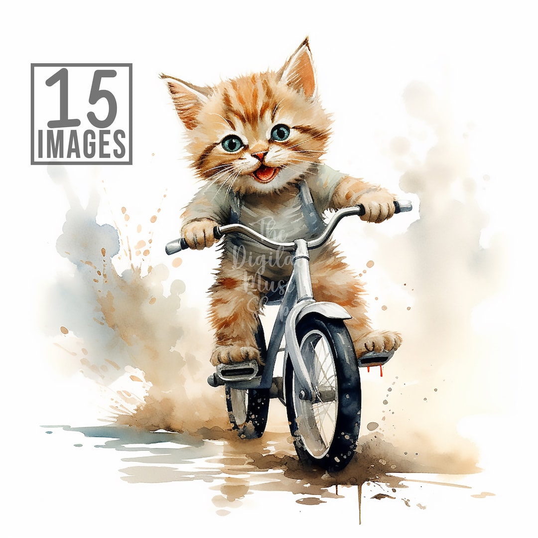 Kitten Riding Bicycle Clipart, 15 High Quality Jpgs, Cats Clipart, Cat ...
