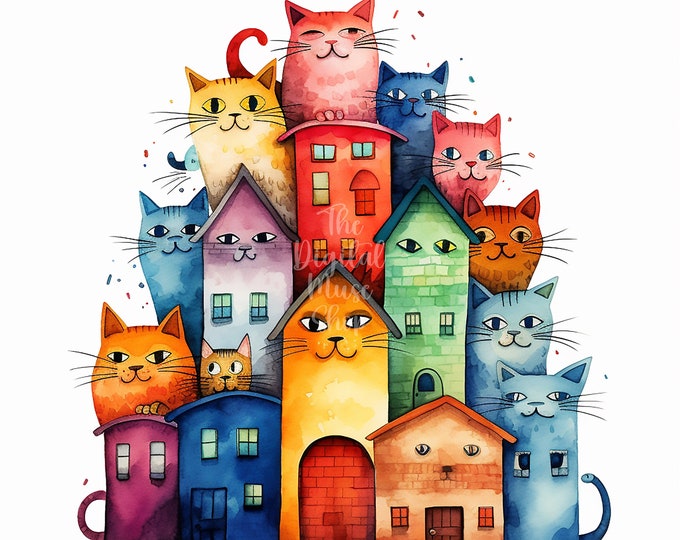 Whimsical Cat House Clipart Bundle • 10 Watercolor Jpgs • Junk ...
