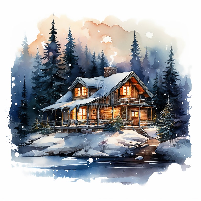 Watercolor Snowy Log Cabin Clipart Winter Clipart Snowy Night Clipart ...