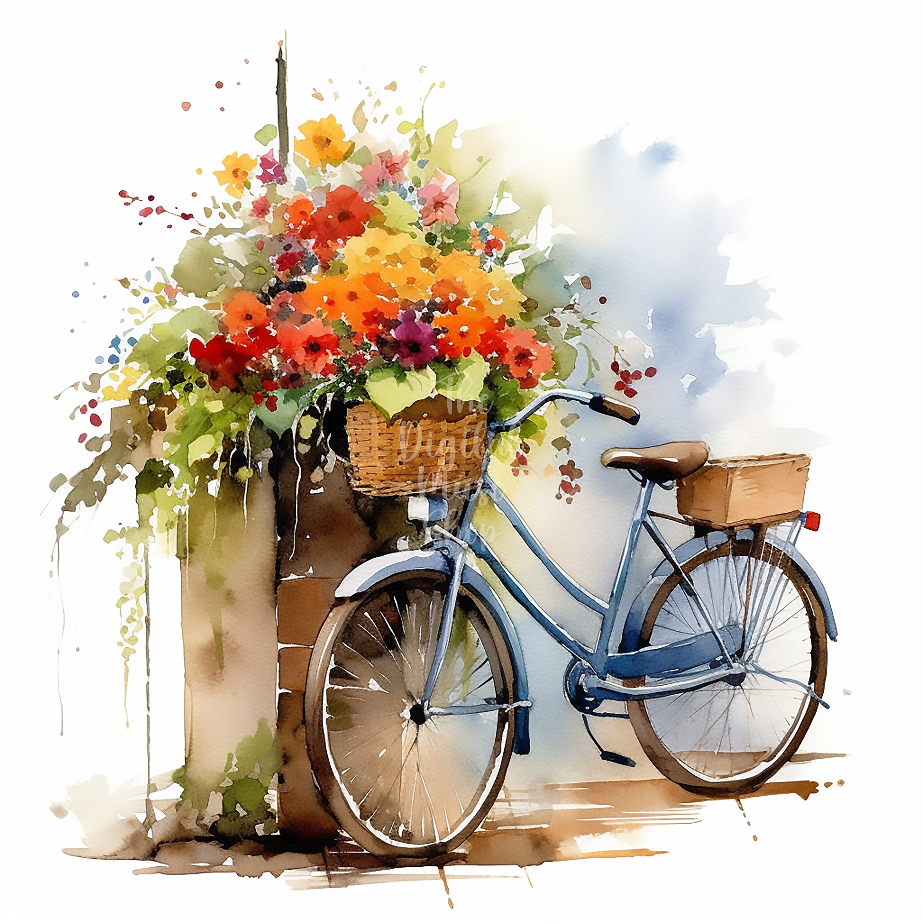 Bicycle With Flowers Clipart, 12 High Quality Jpgs, Clip Art Watercolor ...
