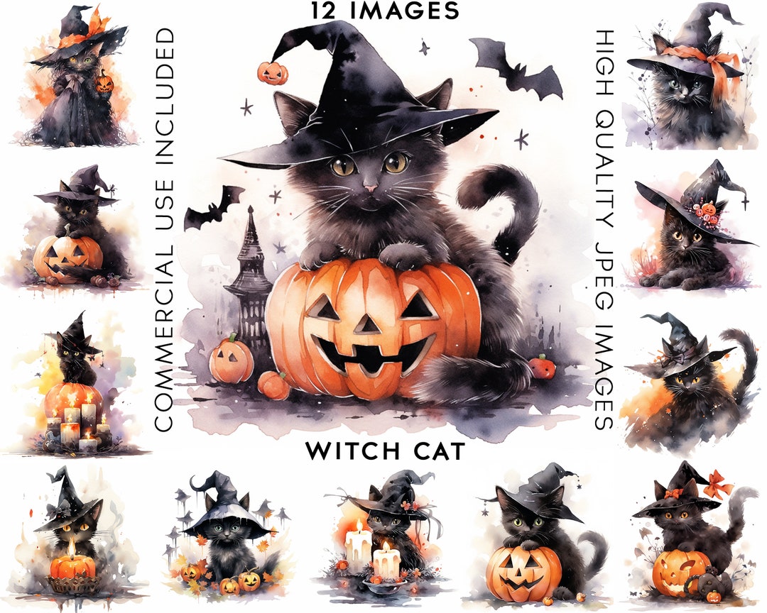 Halloween Witch Cat Clipart, 12 High Quality Jpgs, Watercolor Clipart ...