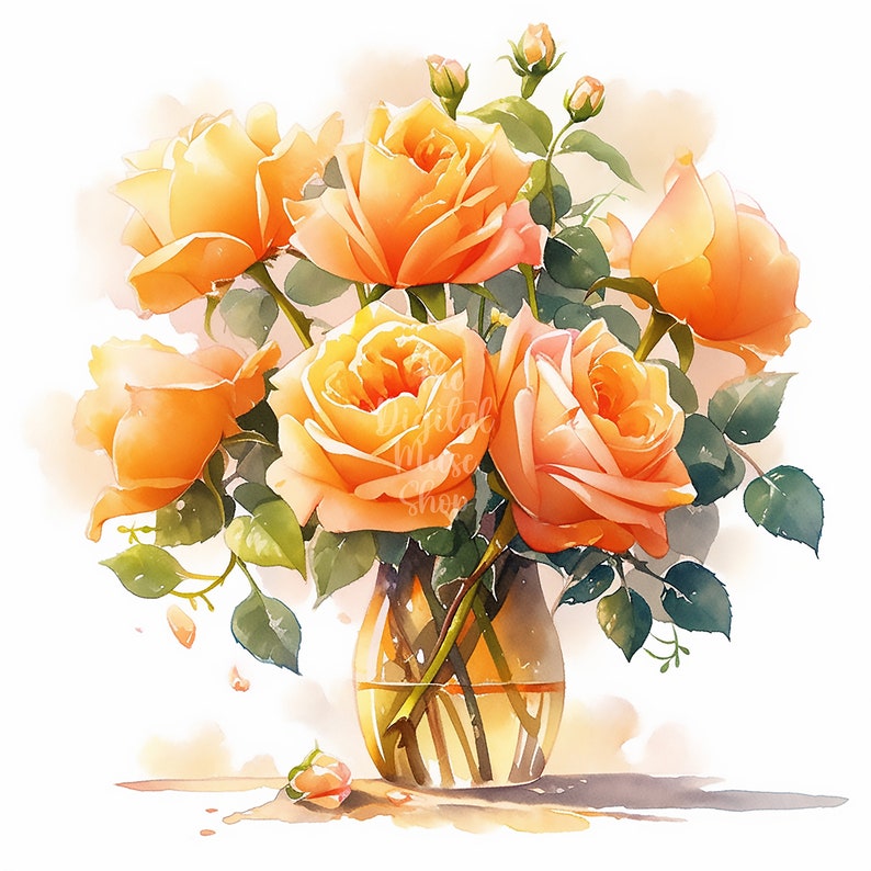 Vase of Orange Roses Clipart Watercolor Flowers Clipart Commercial Use ...