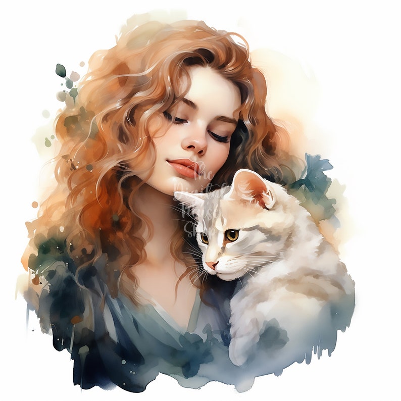 Watercolor Girl With Cat Clipart Digital Download Cat Clip Art - Etsy