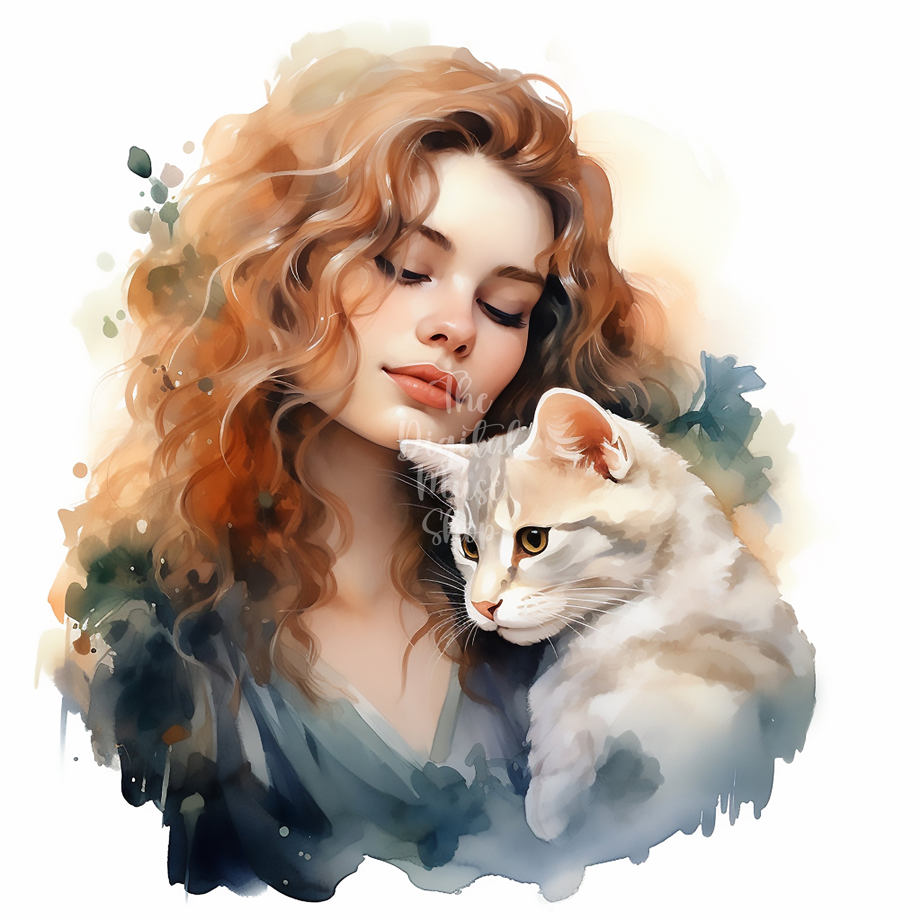 Watercolor Girl With Cat Clipart Digital Download Cat Clip Art - Etsy