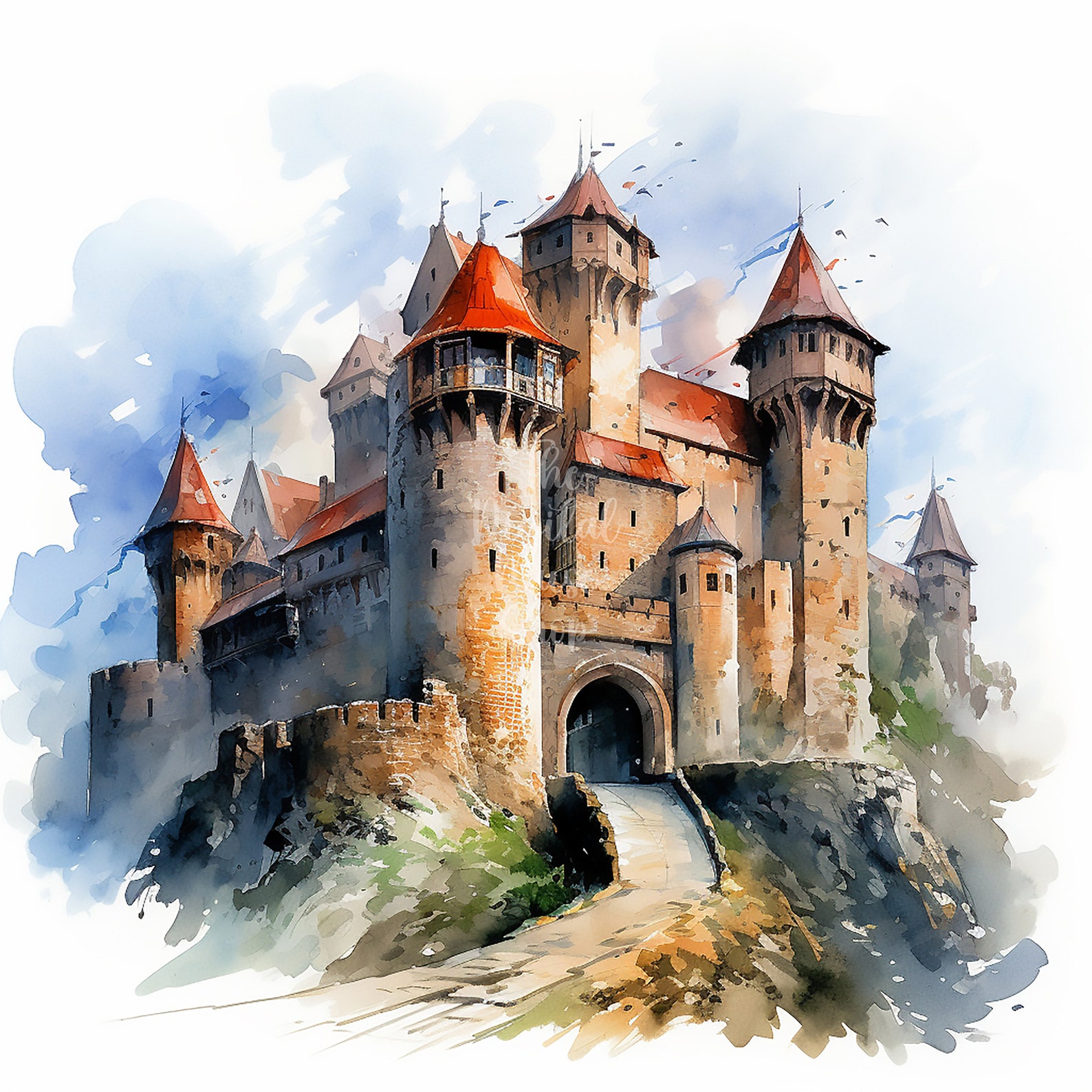 Medieval Castle Clipart, 12 High Quality Jpgs, Watercolor Clipart ...