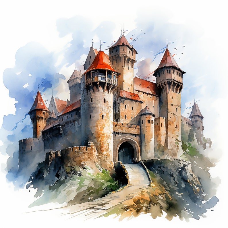 Medieval Castle Clipart, 12 High Quality Jpgs, Watercolor Clipart ...