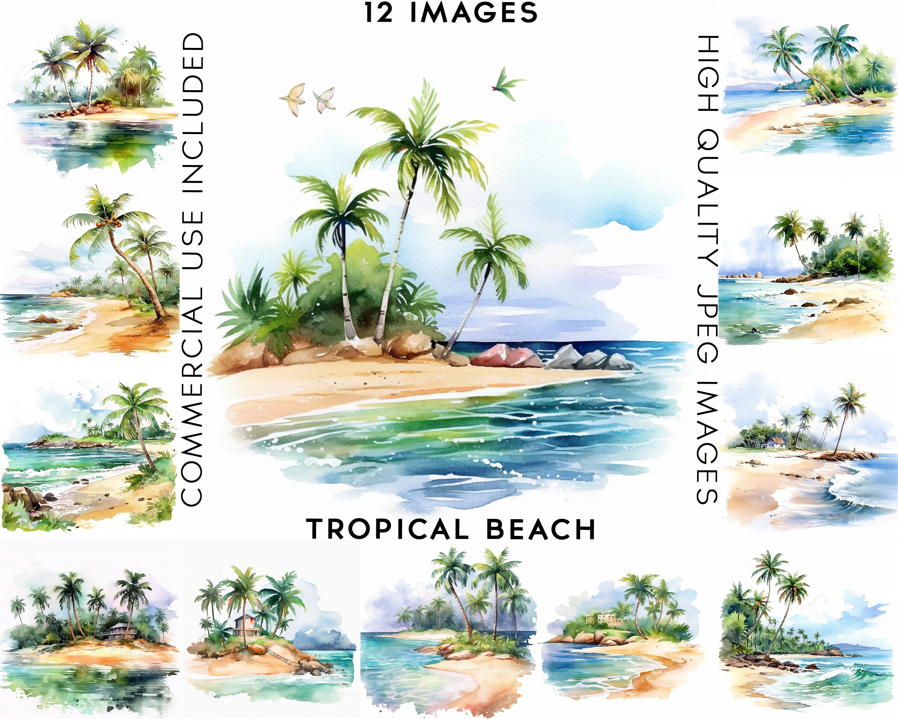 Tropical Beach Clipart, 12 High Quality Jpgs, Watercolor Clipart ...