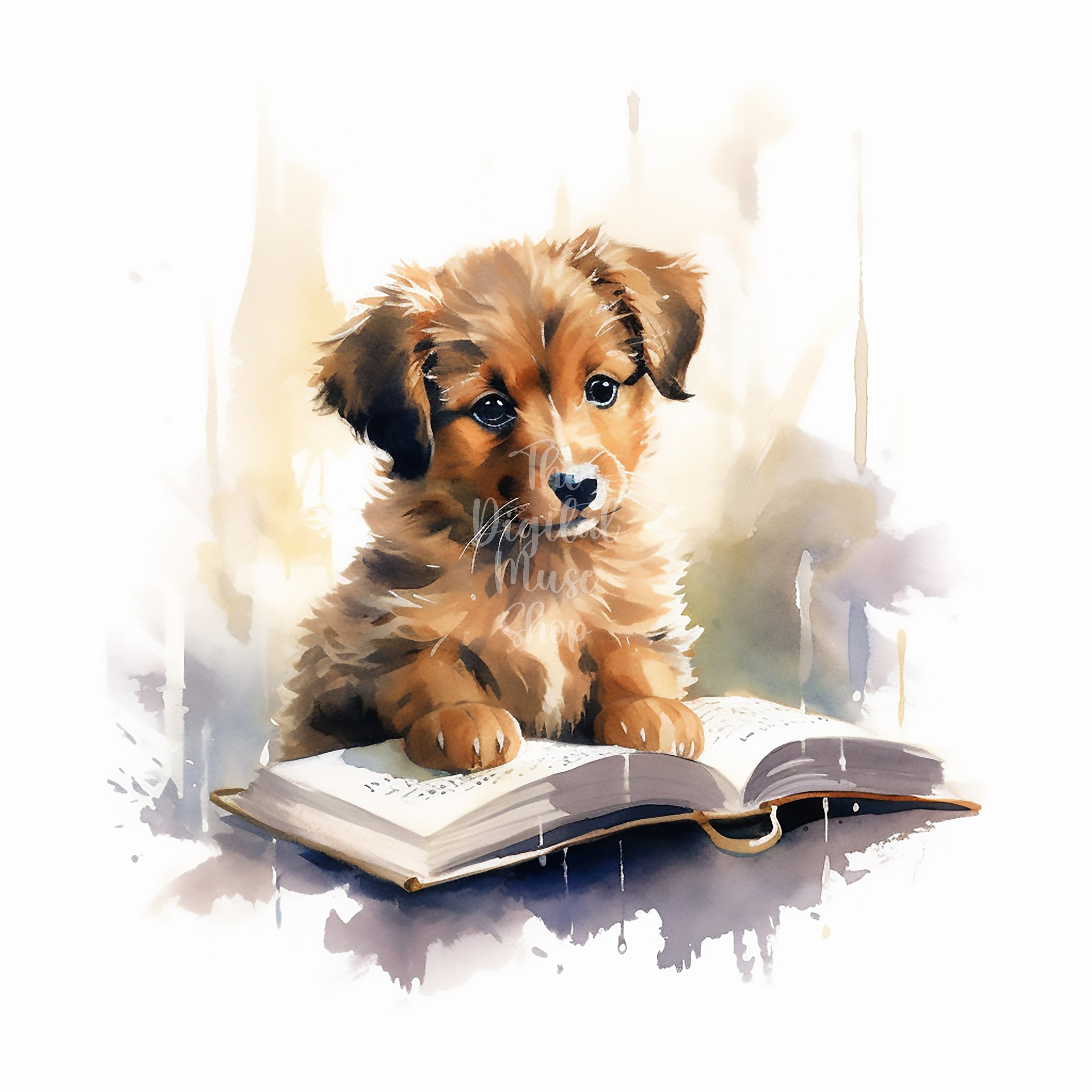 Puppy Reading Clipart 12 High Quality Jpgs Watercolor - Etsy