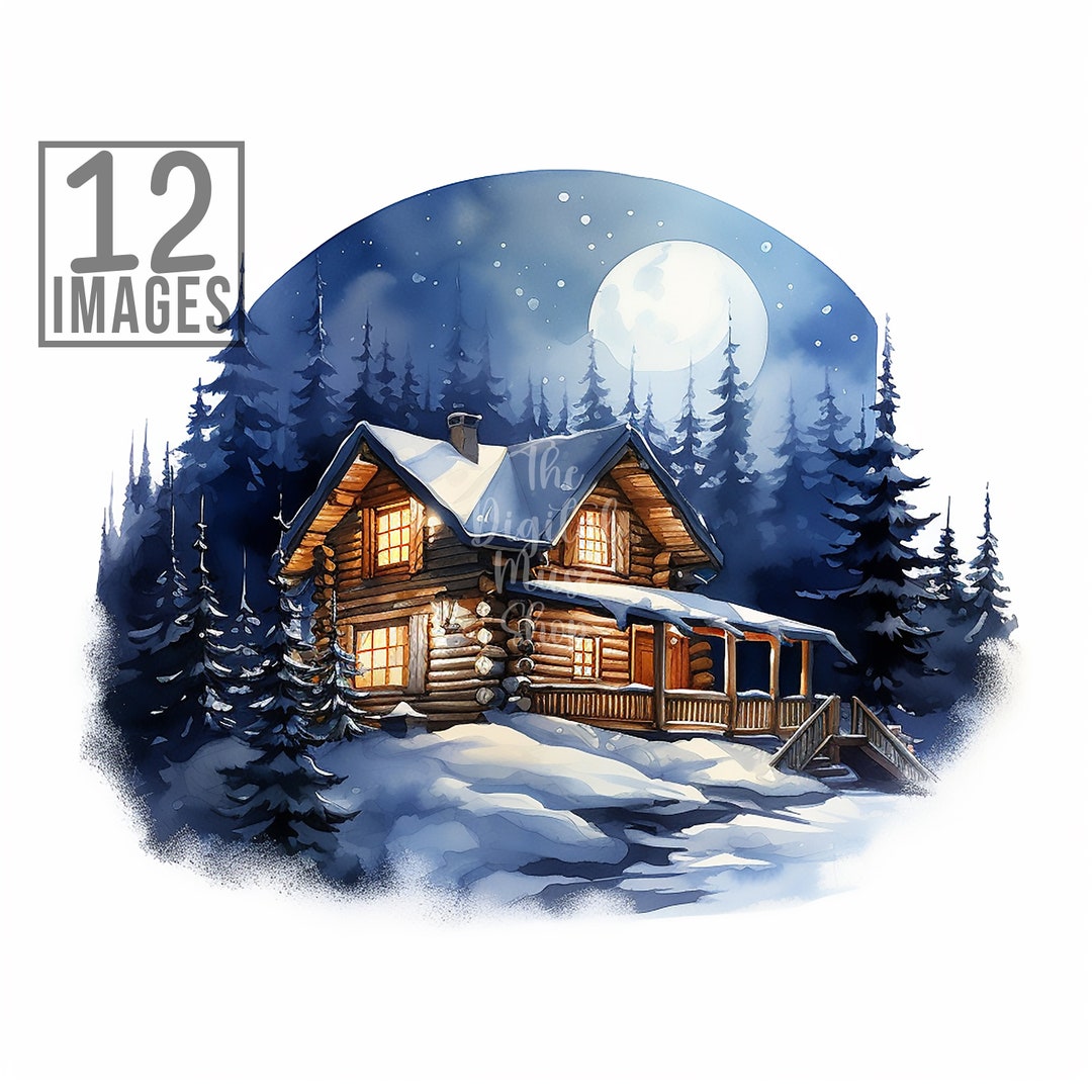 Watercolor Snowy Log Cabin Clipart Winter Clipart Snowy Night Clipart Watercolor Art Digital ...