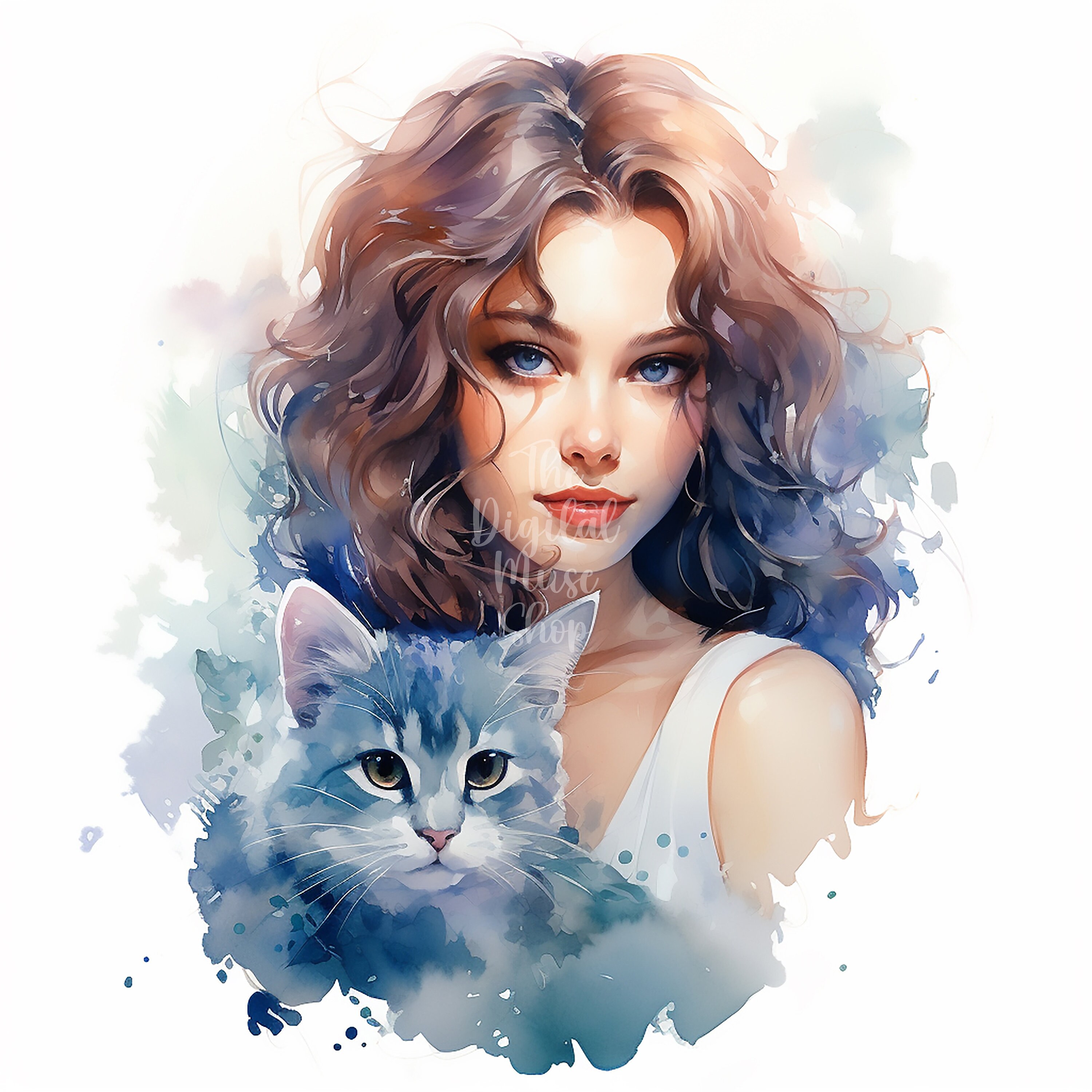 Watercolor Girl With Cat Clipart Digital Download Cat Clip Art - Etsy