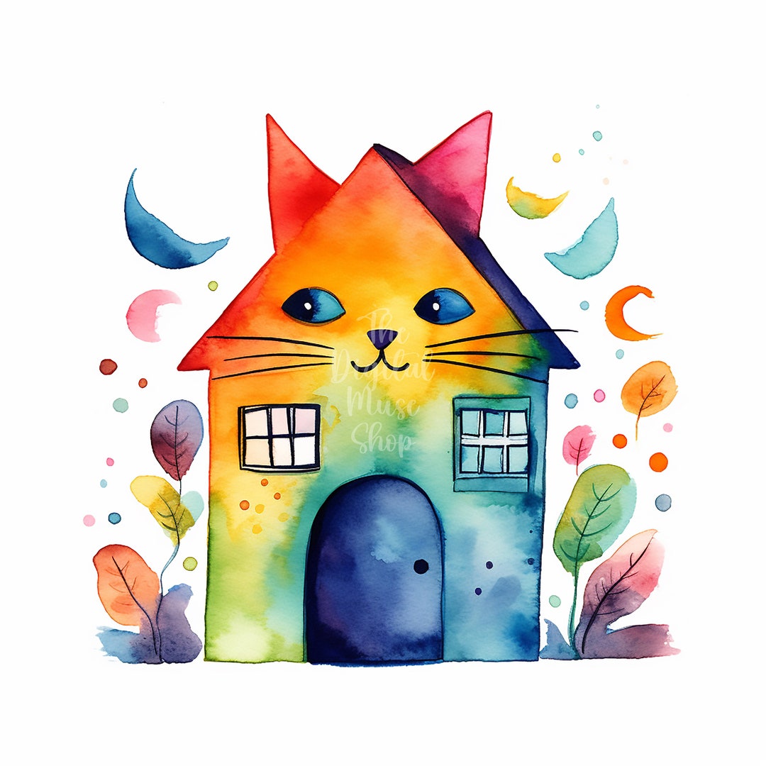 Quirky House Cat Clipart, 13 High Quality Jpgs, Watercolor House ...