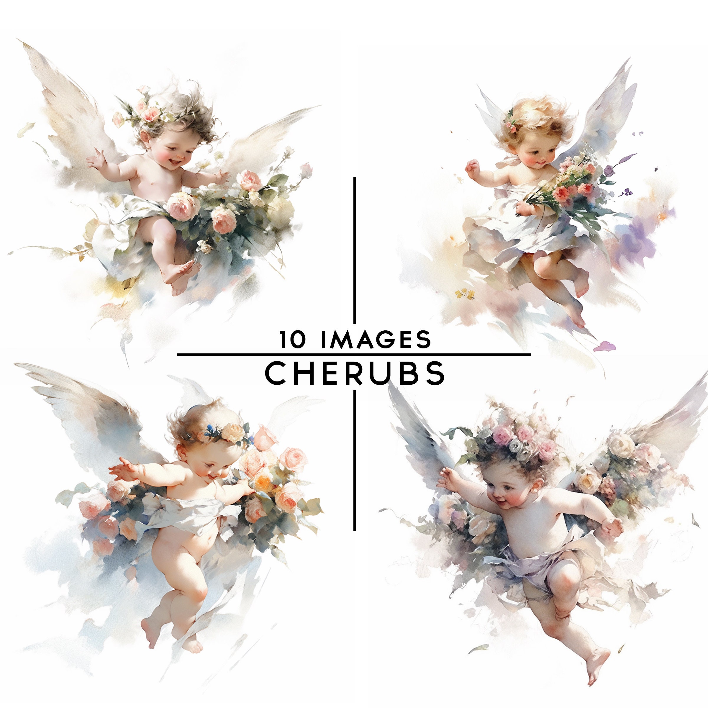 Floral Cherubs Clipart, 10 High Quality Jpgs Watercolor Clipart ...
