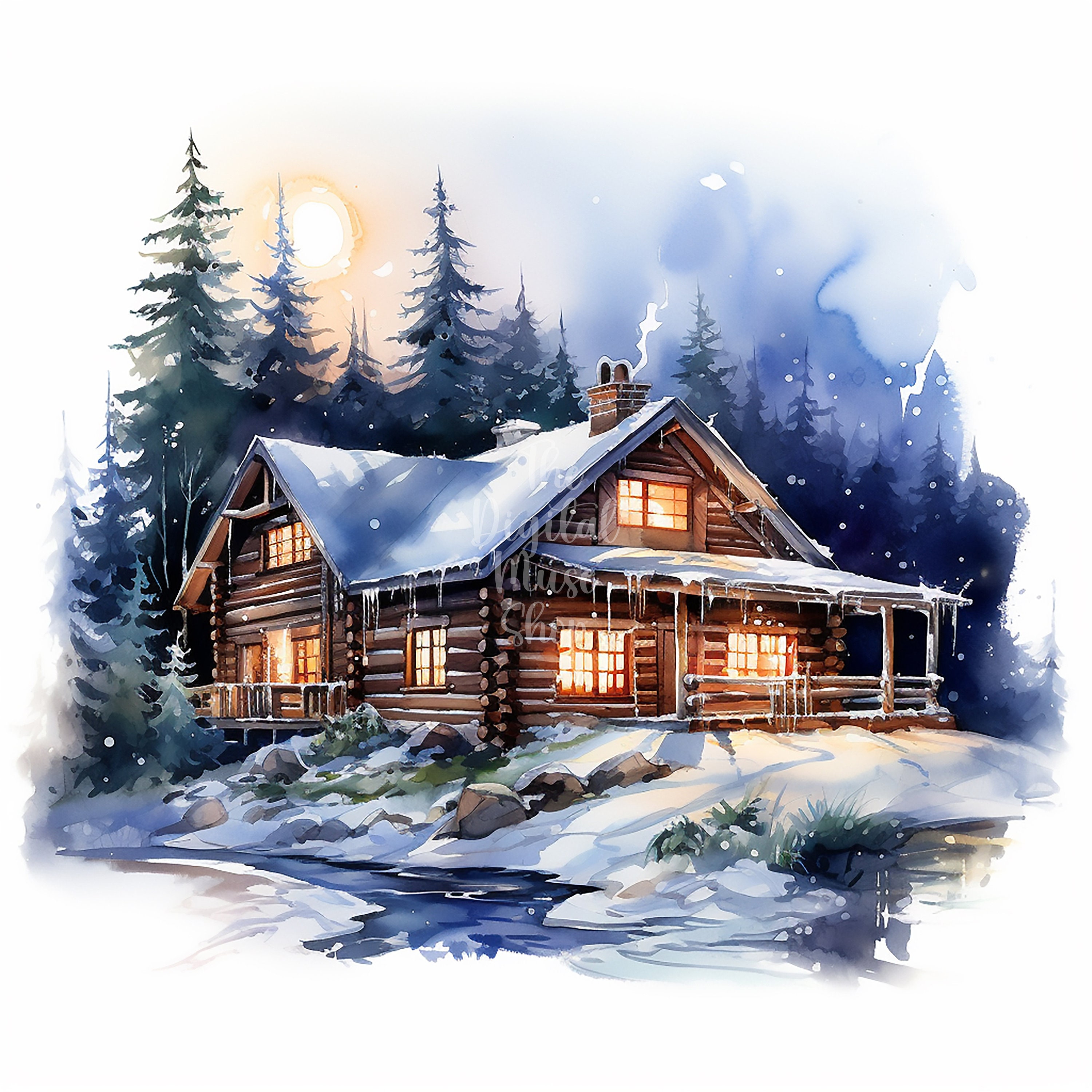 Watercolor Snowy Log Cabin Clipart Winter Clipart Snowy Night Clipart Watercolor Art Digital ...