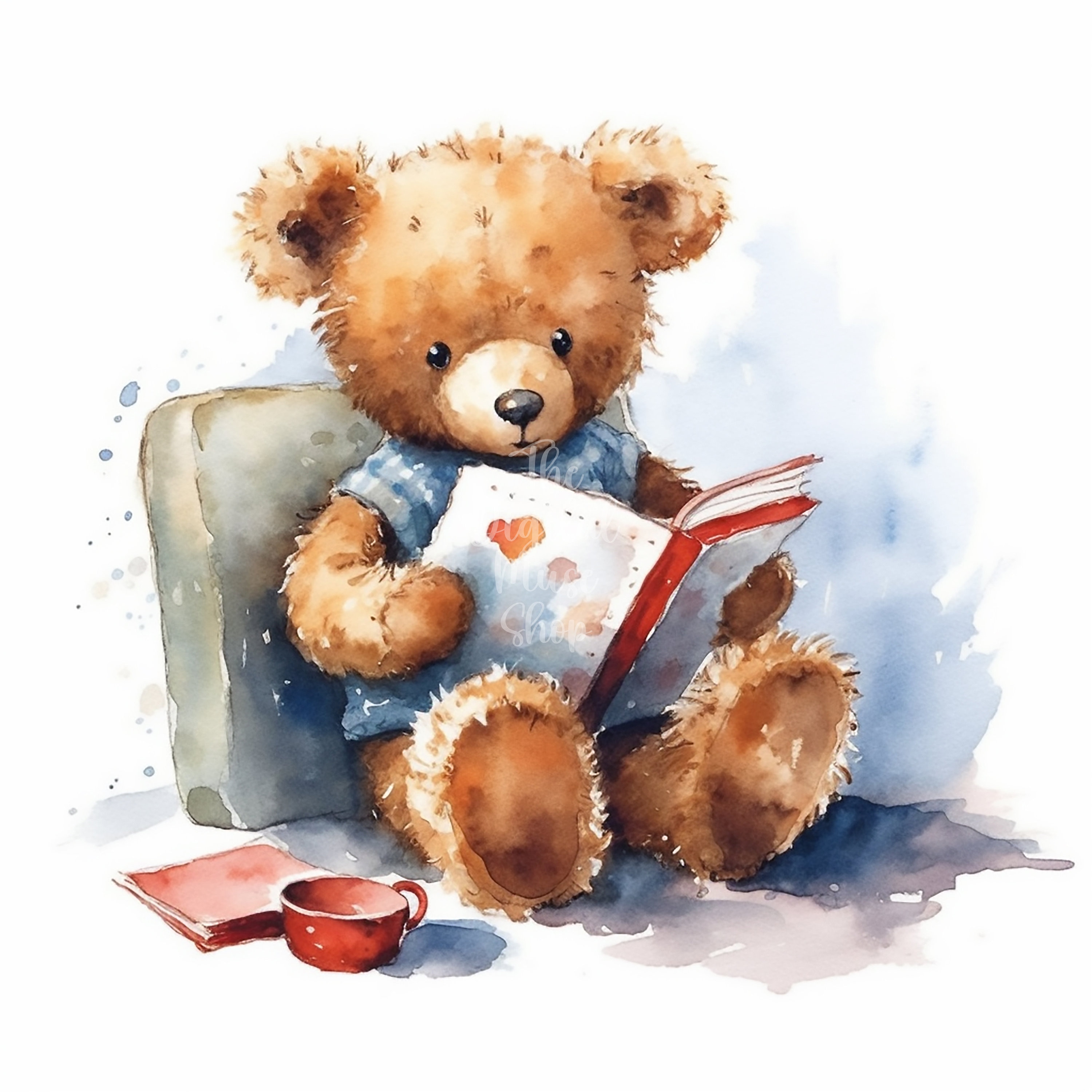 Teddy Bear Reading Clipart, 12 High Quality Jpgs , Watercolor Clipart ...
