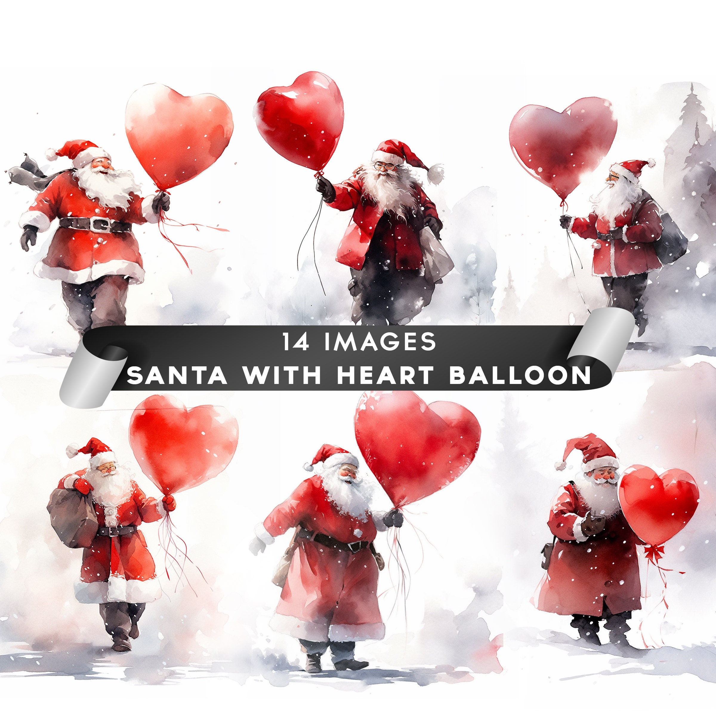 Santa Claus With Heart Balloon Clipart, Christmas Cards Christmas ...
