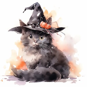 Halloween Witch Cat Clipart, 12 High Quality Jpgs, Watercolor Clipart ...