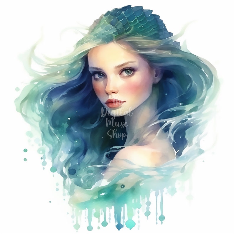 Mermaid Portrait Clipart, 10 High Quality Jpgs, Watercolor Clipart ...