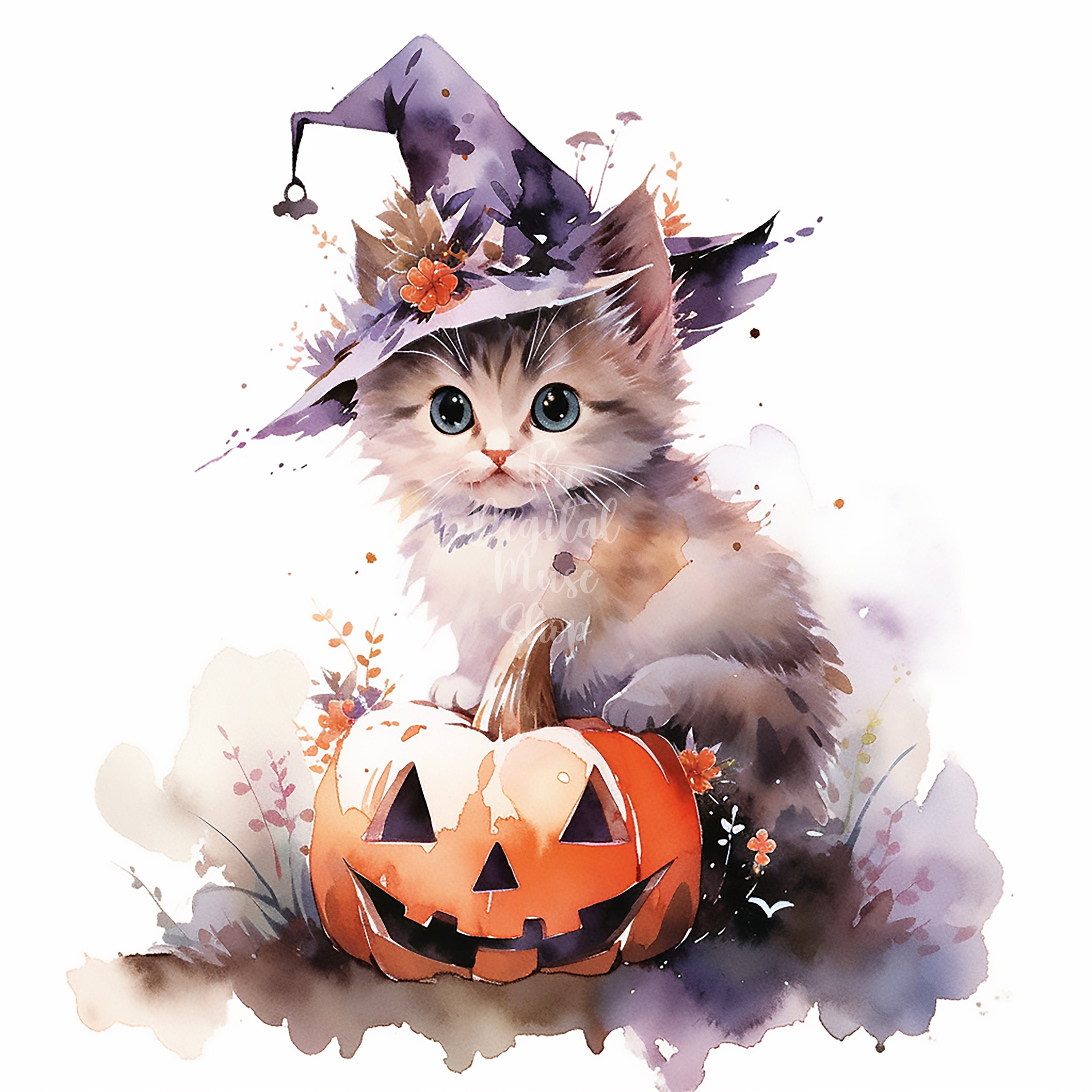 Halloween Witch Cat Clipart 12 High Quality Jpgs Watercolor - Etsy