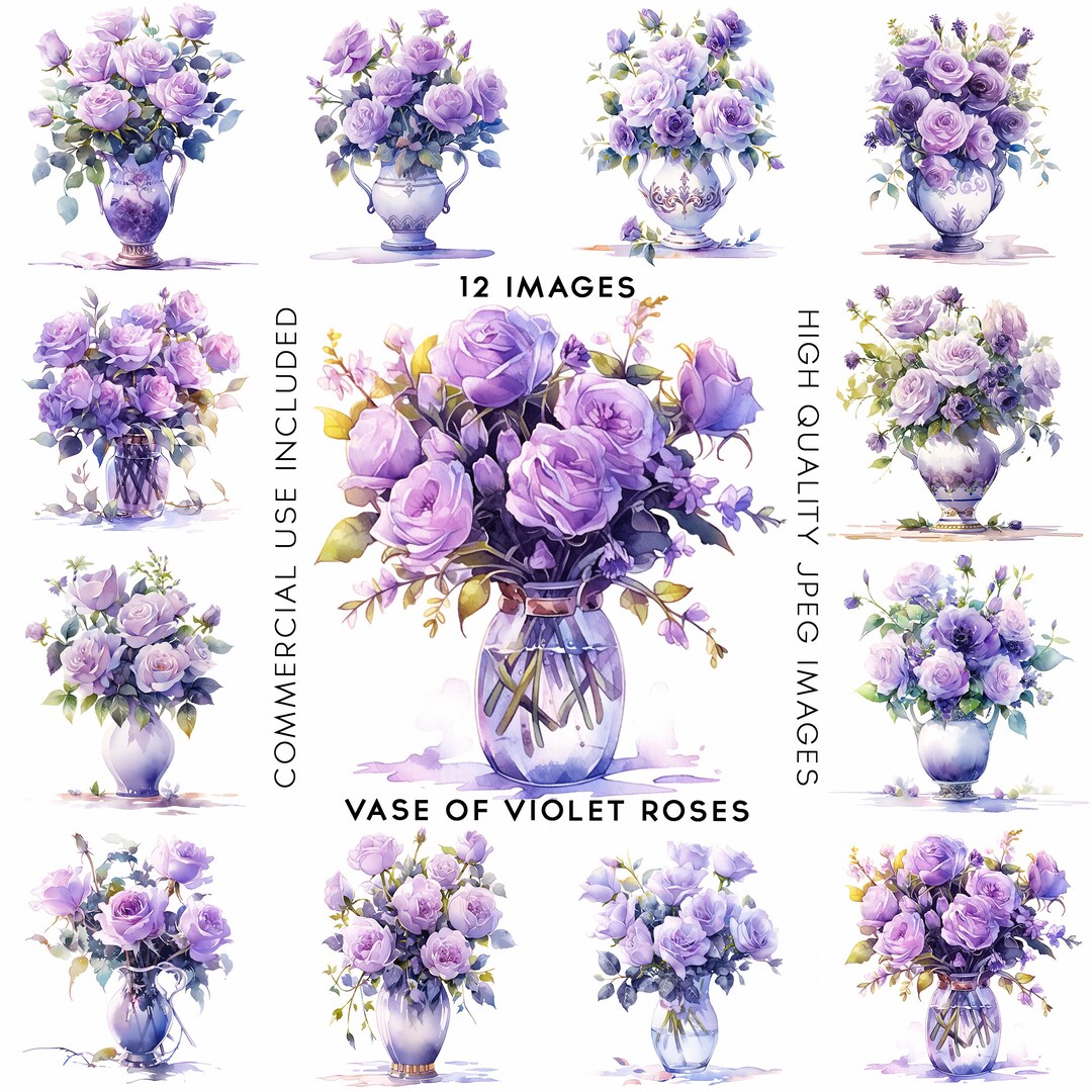 Vase of Flower Clipart Purple Roses Clipart Watercolor Flowers Clipart ...