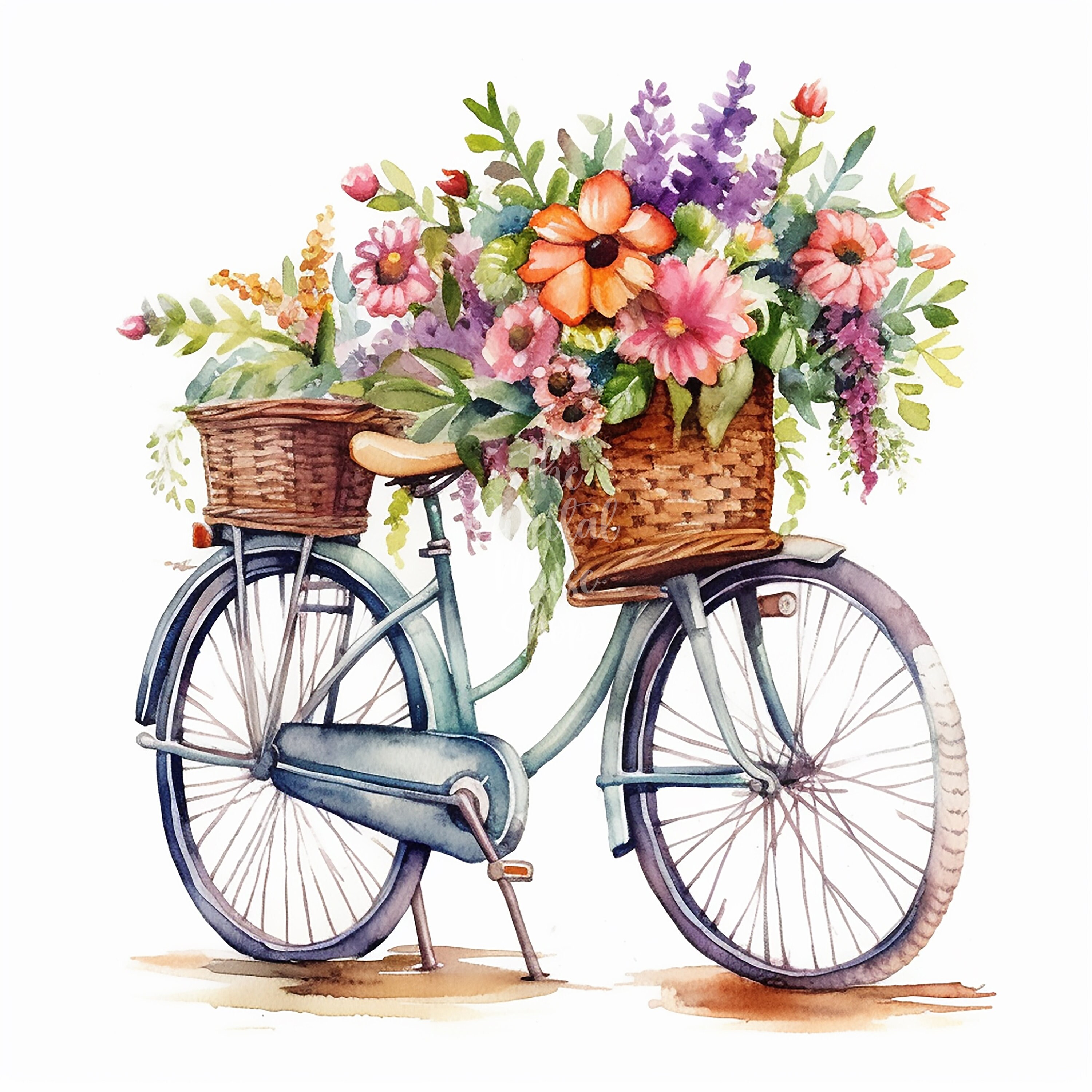 Bicycle With Flowers Clipart, 12 High Quality Jpgs, Clip Art Watercolor ...