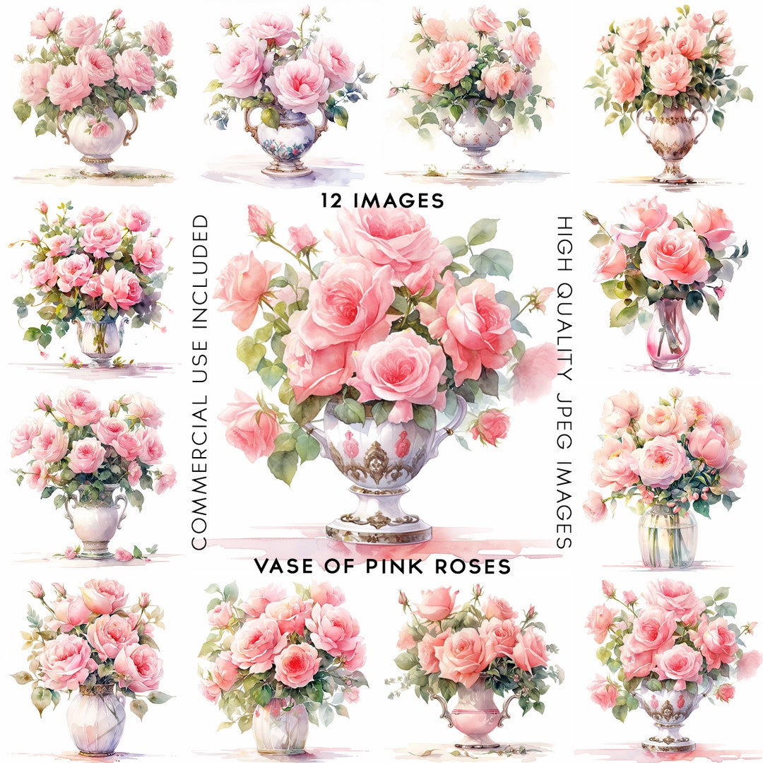 Vase of Flower Clipart Pink Roses Clipart Watercolor Flowers Clipart ...
