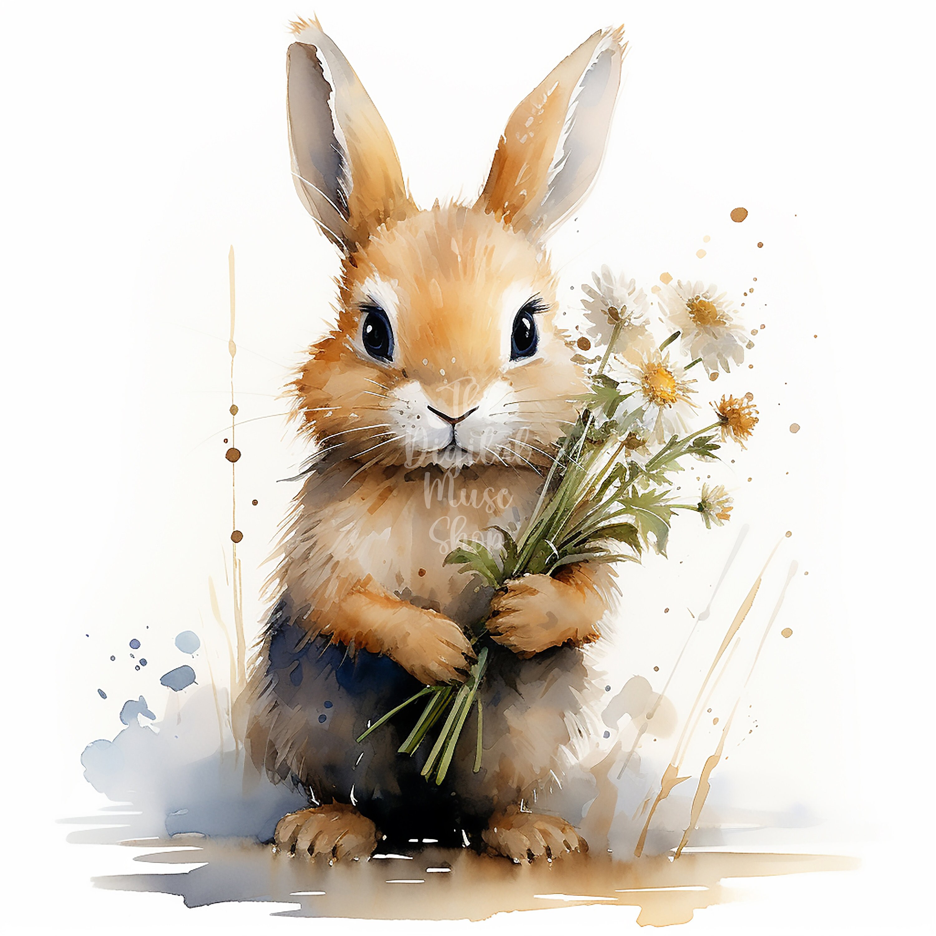 Watercolor Rabbit With Flower Clipart 11 High Quality Jpgs Watercolor ...