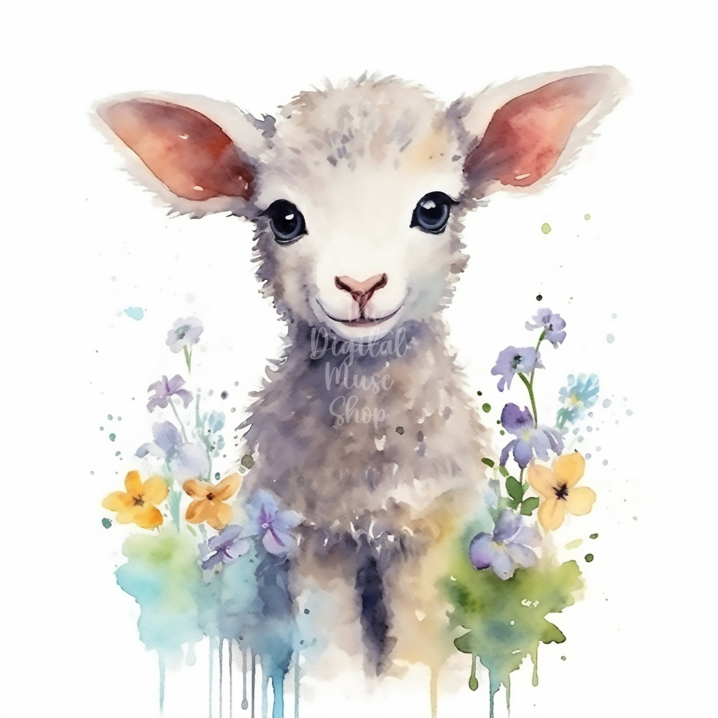 Lamb With Flowers Clipart, 10 High Quality Jpgs, Watercolor Clipart ...