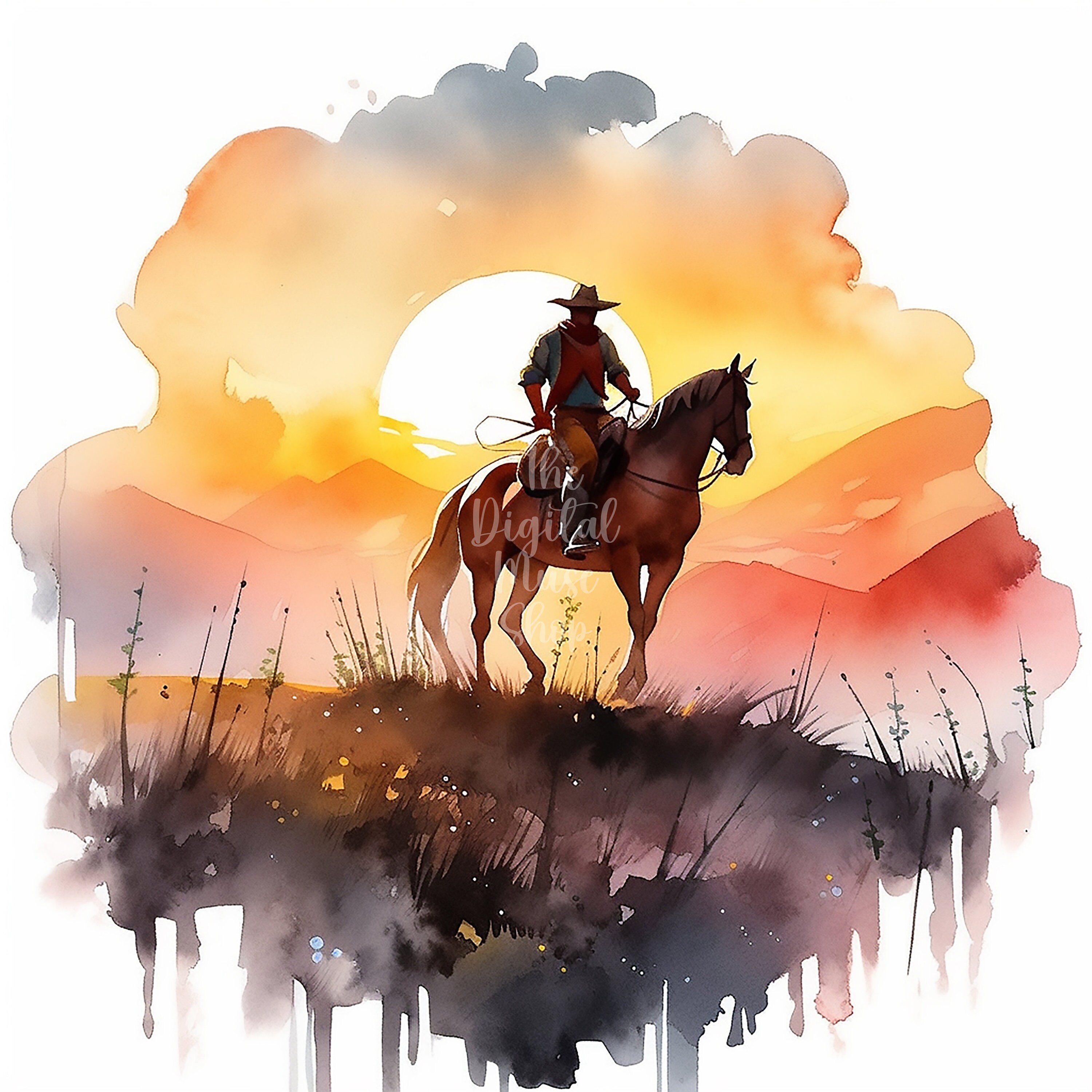 Cowboy Riding Horse Clipart Watercolor Cowboy Clipart Pack - Etsy