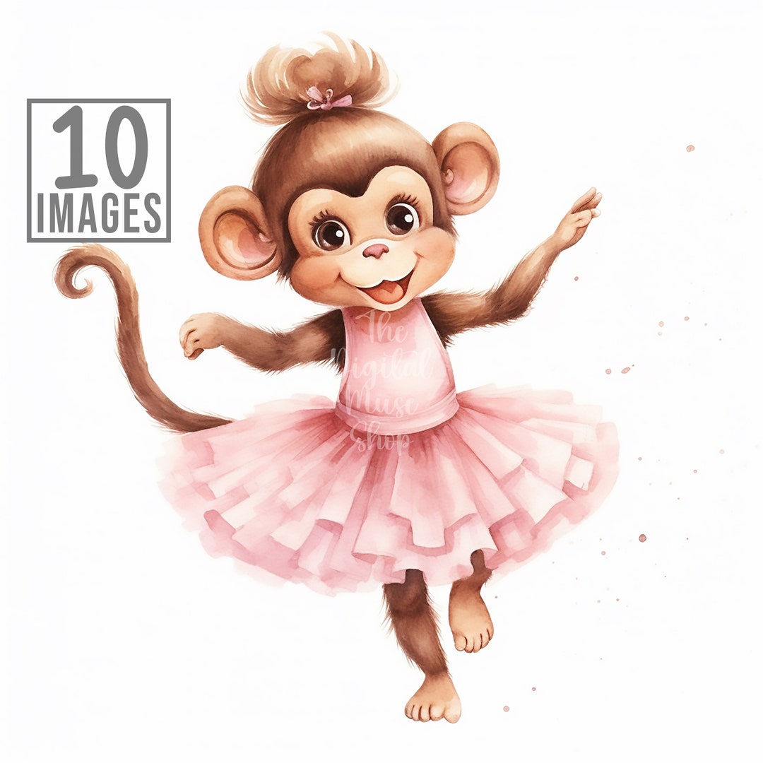 Ballerina Clipart Watercolor Monkey Clipart Nursery Animals Digital ...