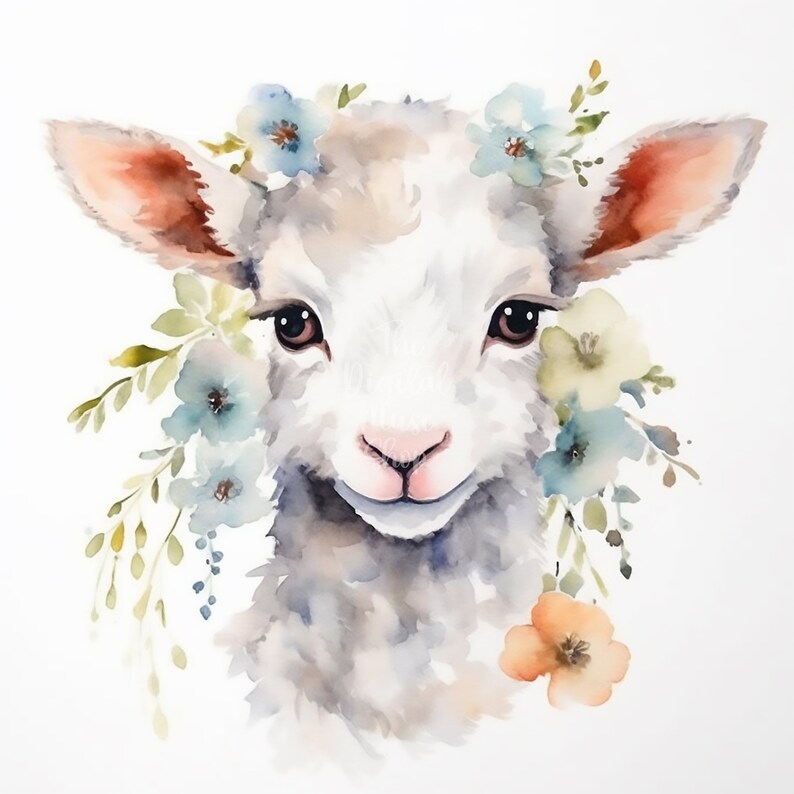 Lamb With Flowers Clipart 10 High Quality Jpgs Watercolor - Etsy