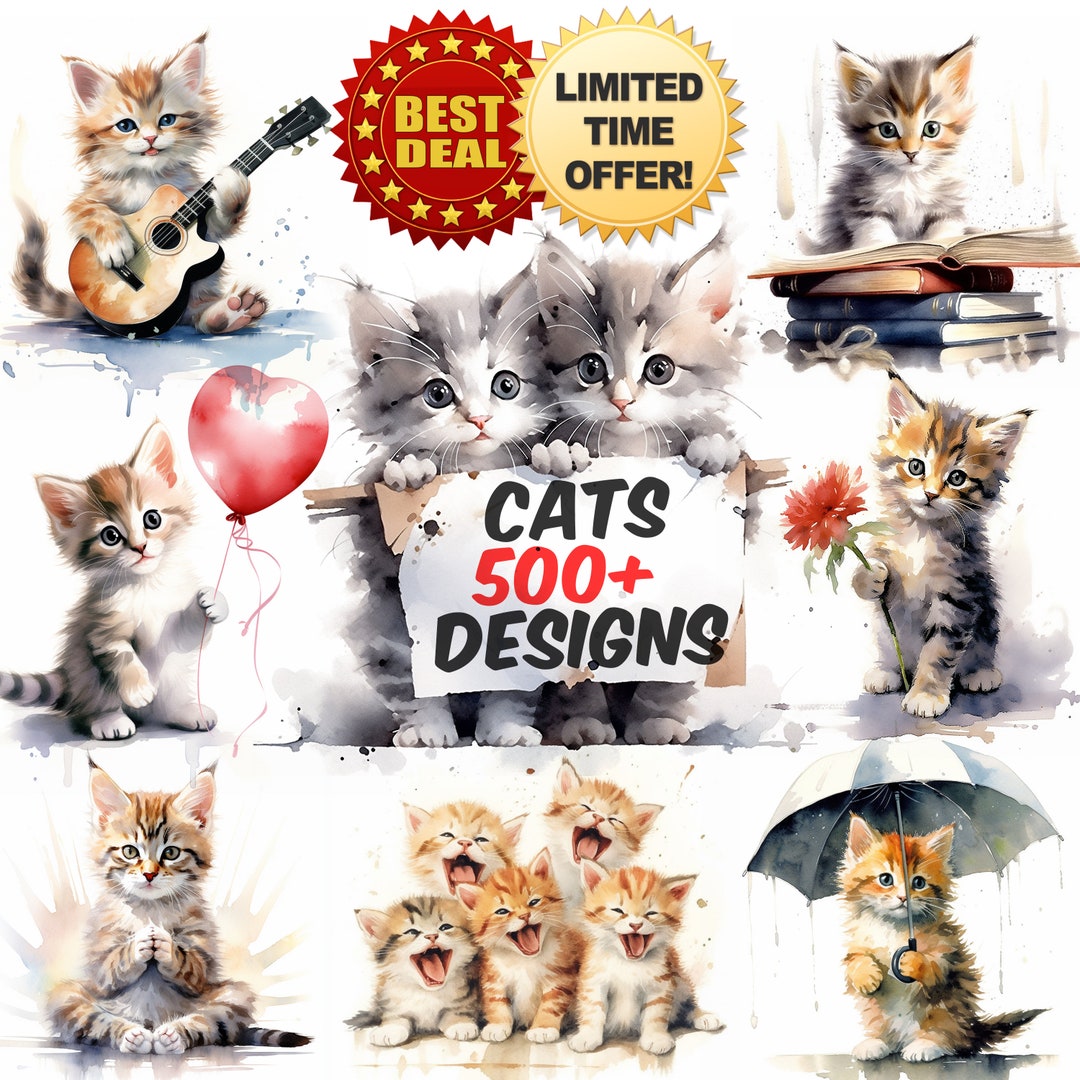 Cat Mega Bundle, 500+ Cat Clipart Bundle Watercolor Clipart Cat Lover ...