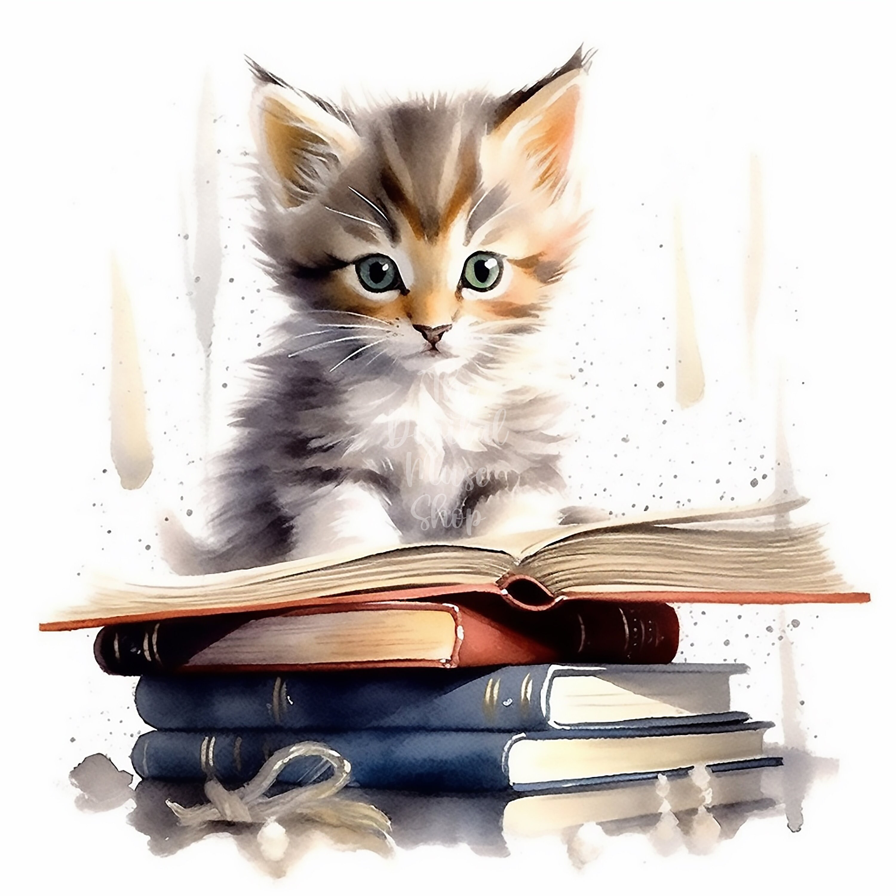 Kitten and Books Clipart 10 High Quality Jpgs Watercolor Clipart ...