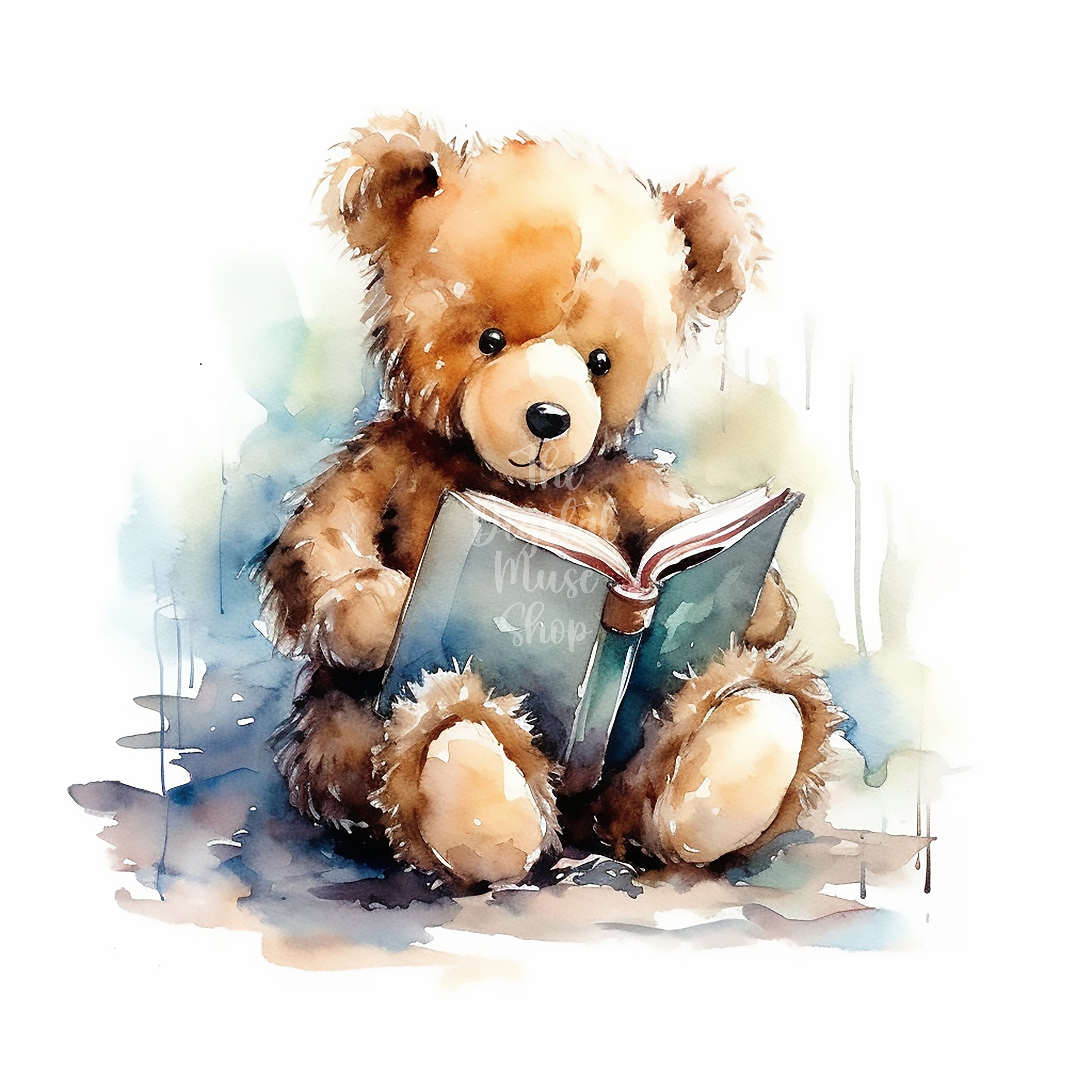 Teddy Bear Reading Clipart, 12 High Quality Jpgs , Watercolor Clipart ...