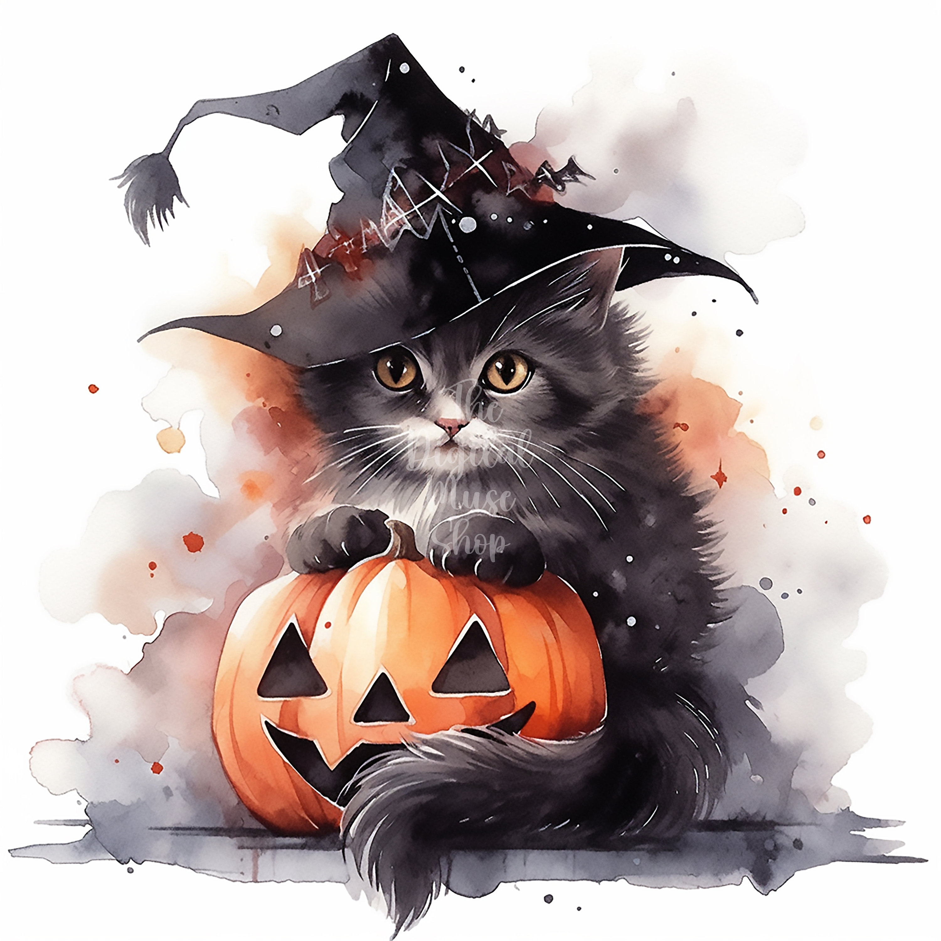 Halloween Witch Cat Clipart 12 High Quality Jpgs Watercolor - Etsy