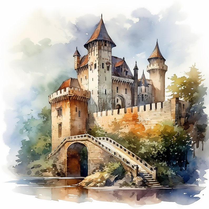 Medieval Castle Clipart, 12 High Quality Jpgs, Watercolor Clipart ...