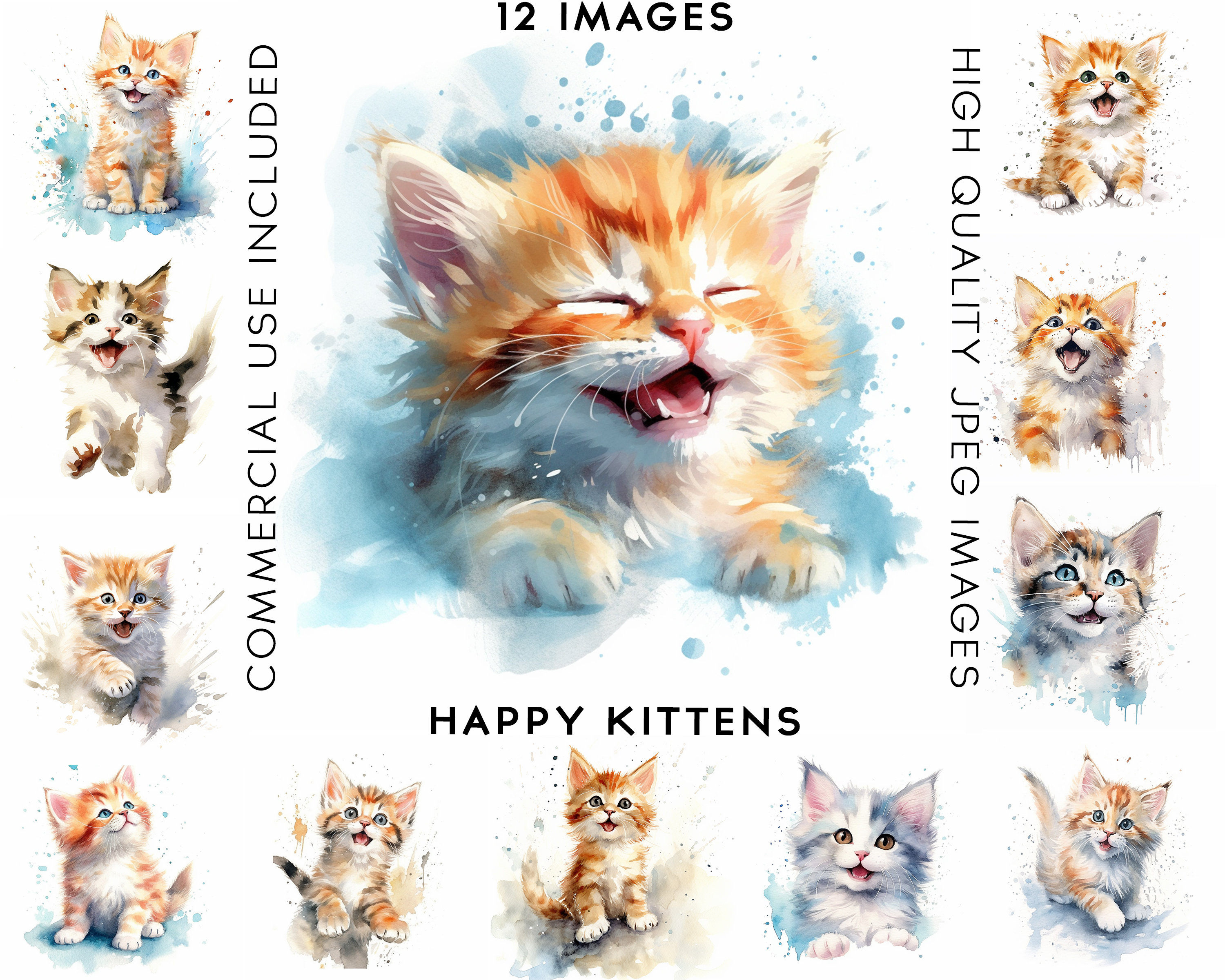 Happy Kittens Playing, 12 High Quality Jpgs, Watercolor Clipart ...
