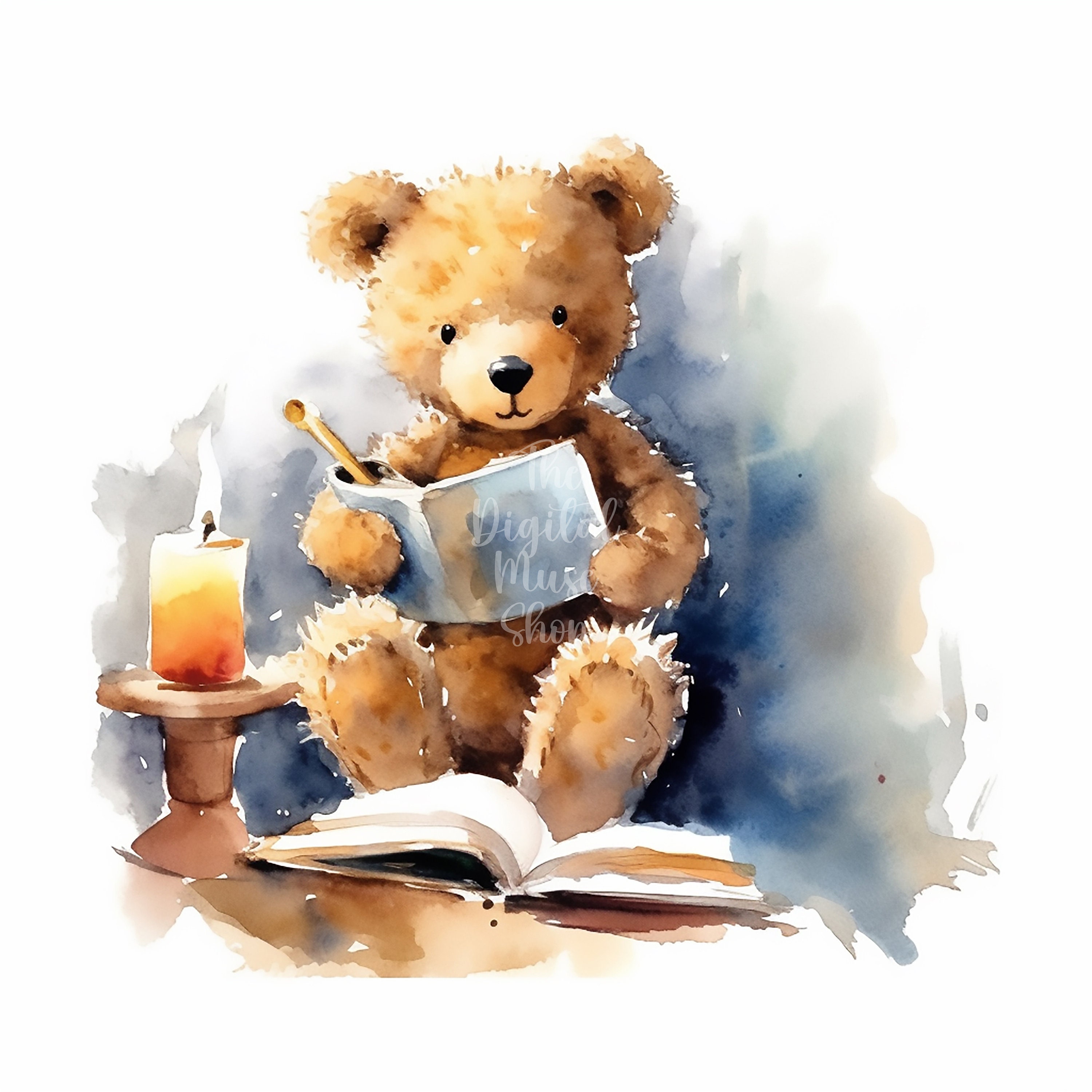 Teddy Bear Reading Clipart, 12 High Quality Jpgs , Watercolor Clipart ...