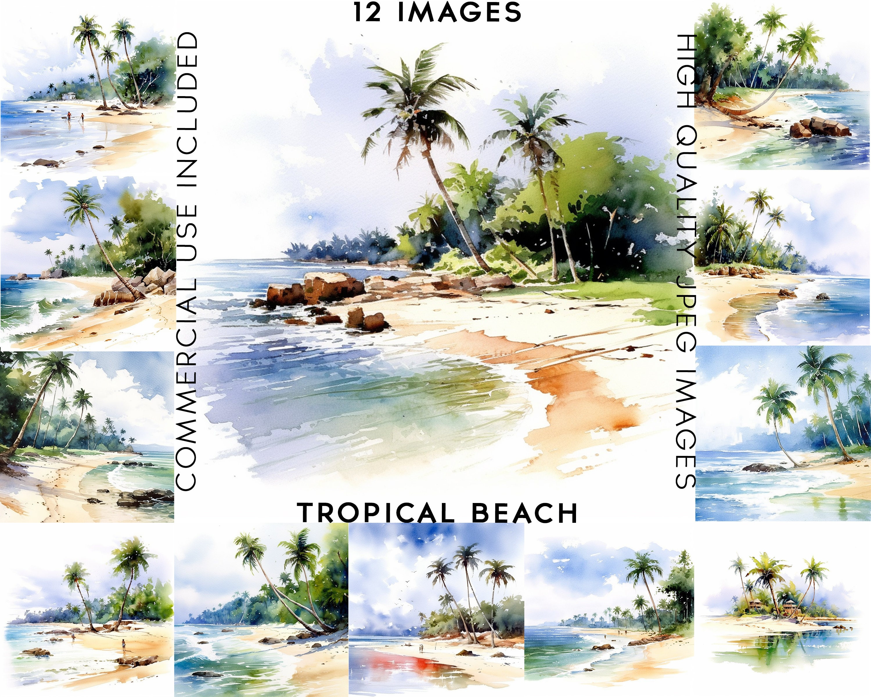 Watercolor Tropical Beach Clipart, 12 High Quality Jpgs, Watercolor ...