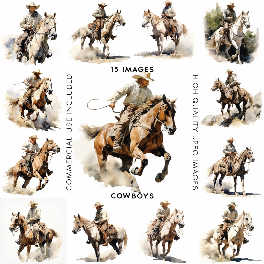 Cowboy Riding Horse Clipart Watercolor Cowboy Clipart Pack Horse Clip ...