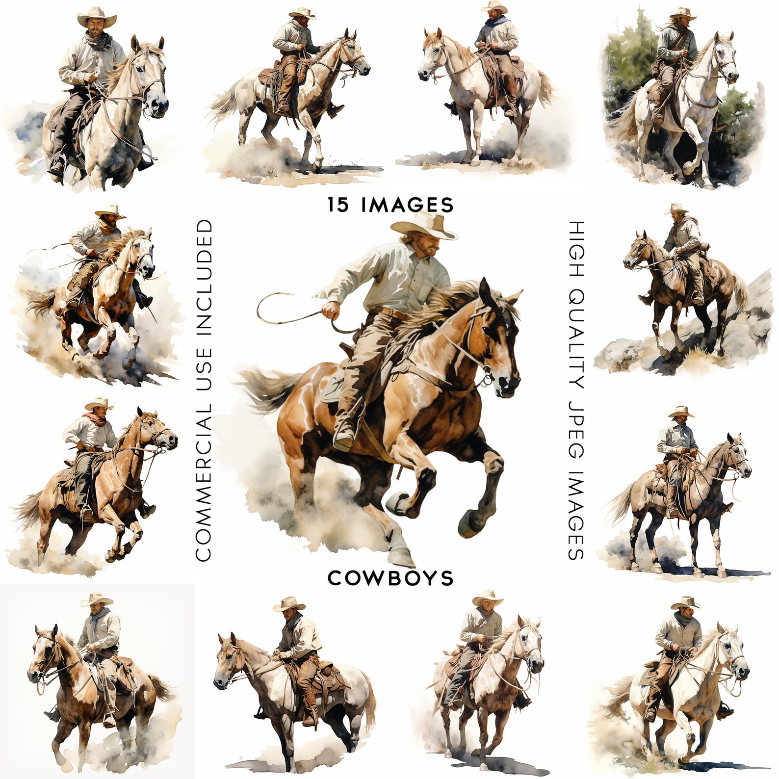 Cowboy Riding Horse Clipart Watercolor Cowboy Clipart Pack Horse Clip ...