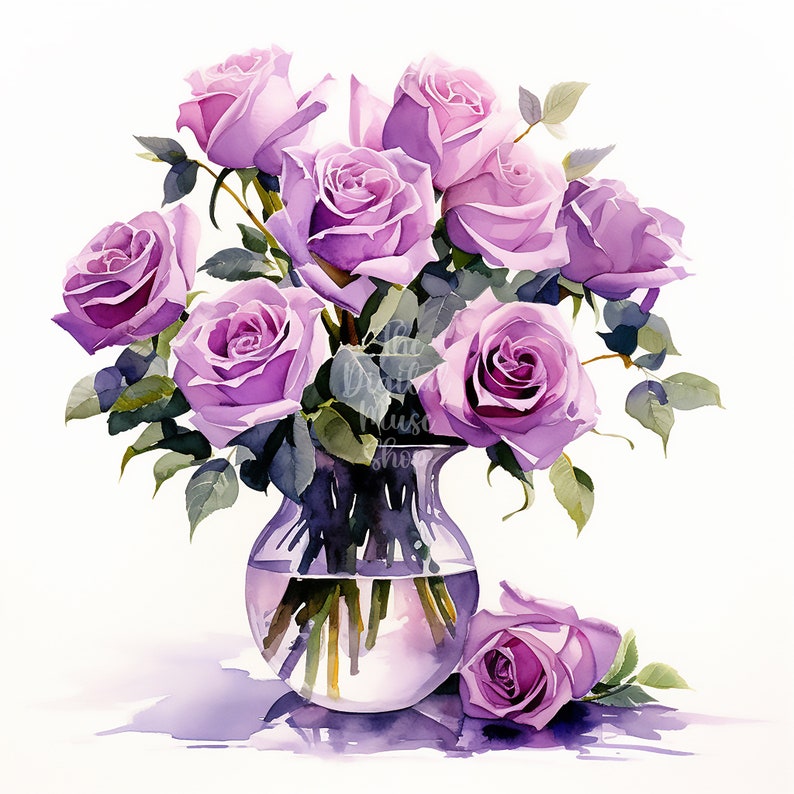 Vase of Purple Roses Clipart Watercolor Flowers Clipart Commercial Use ...