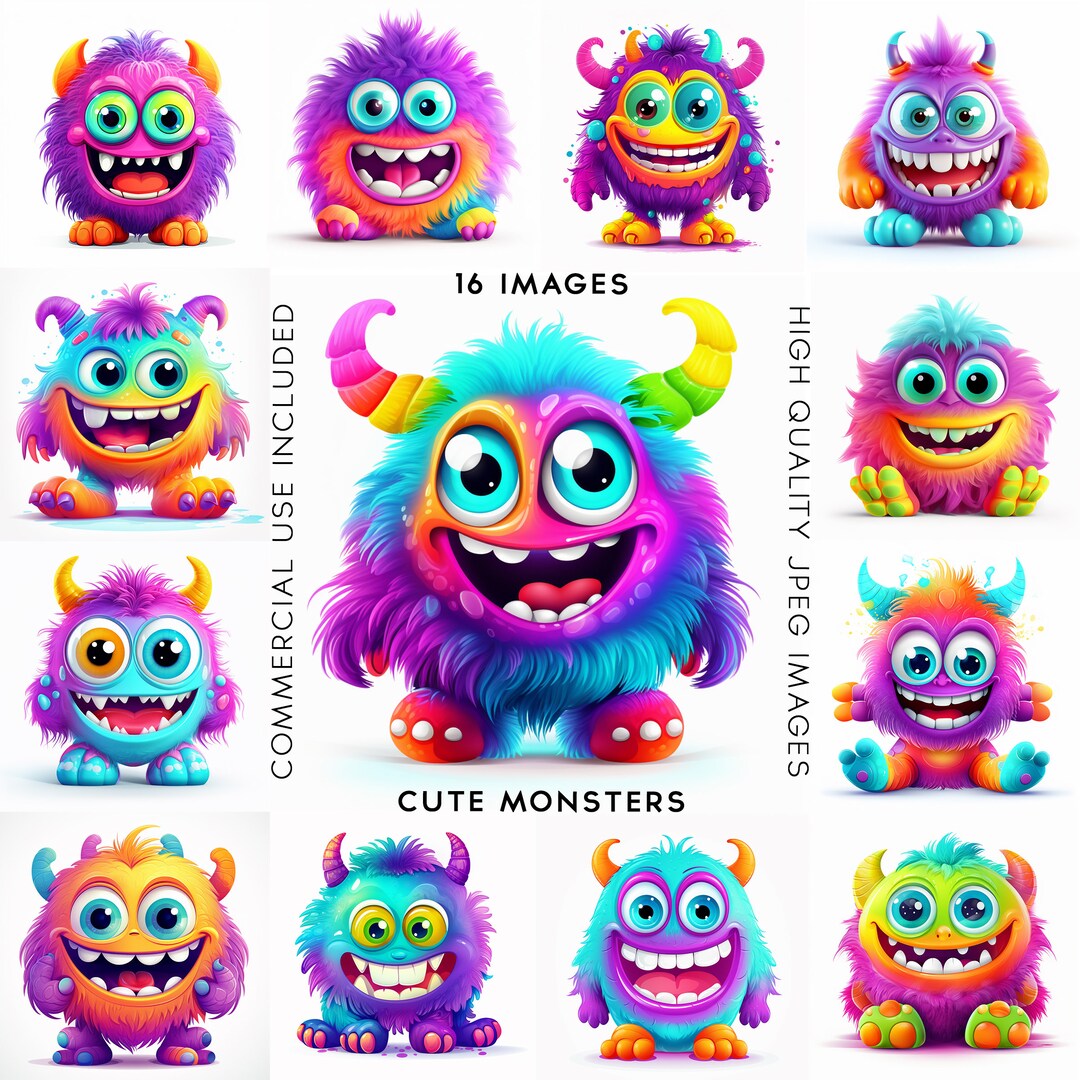Cute Neon Fluffy Monsters Clipart, Nursery Clipart Digital Paper Craft ...