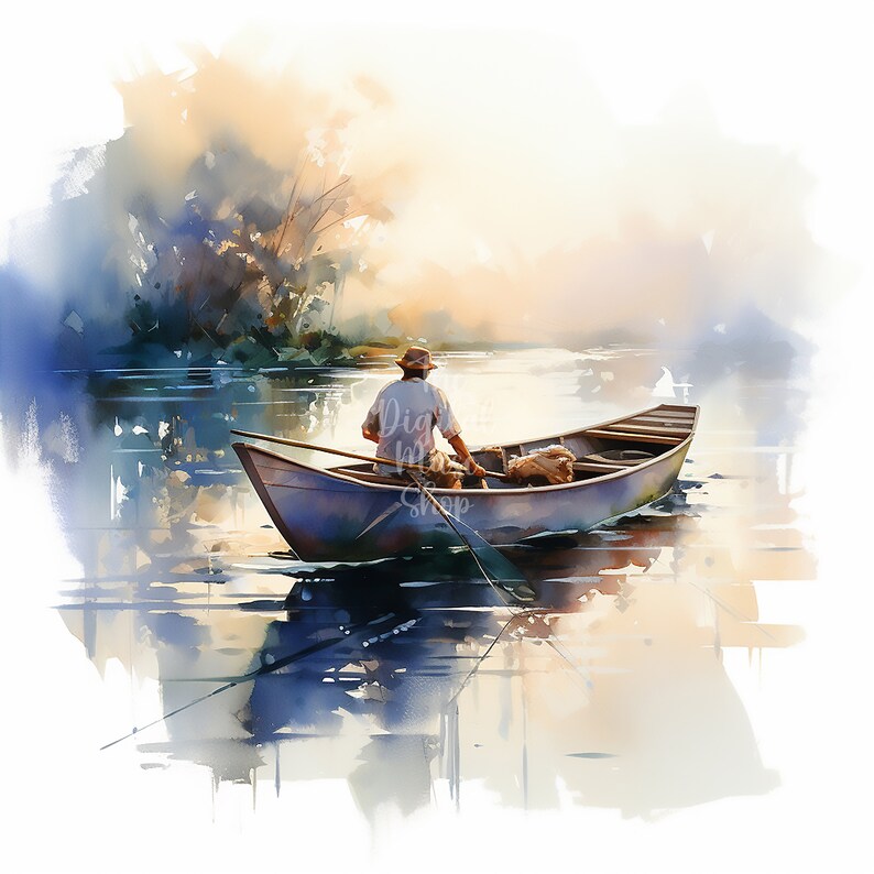 Fisherman Clipart Fishing Clipart Watercolor Digital Paper - Etsy