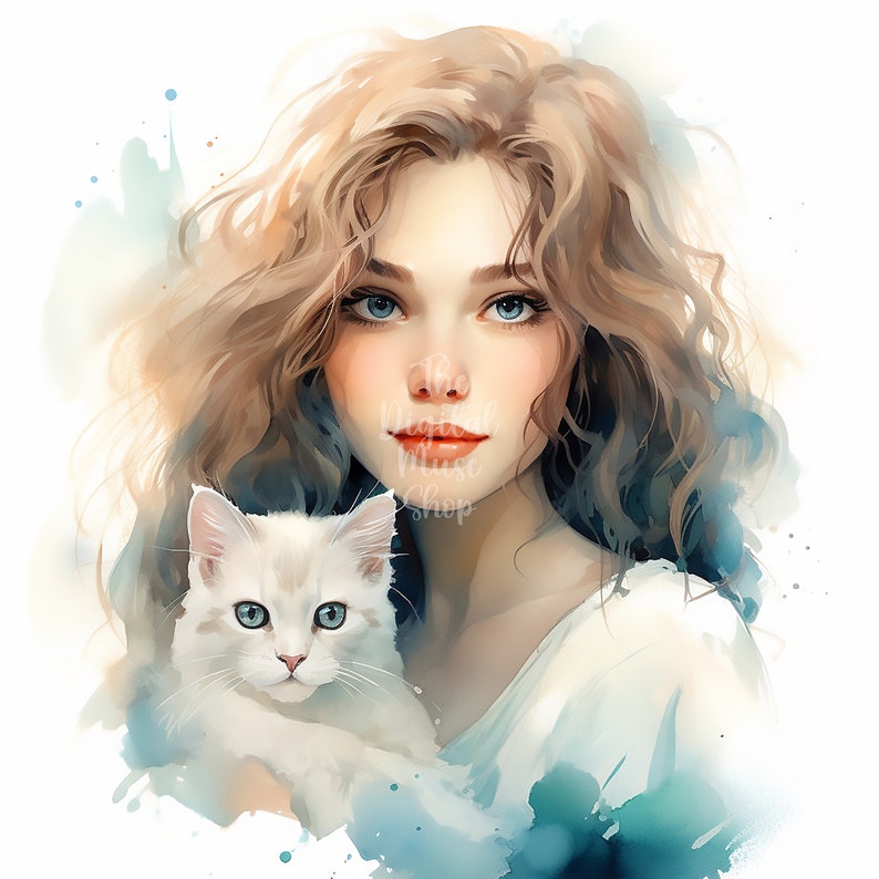 Watercolor Girl With Cat Clipart Digital Download Cat Clip Art - Etsy