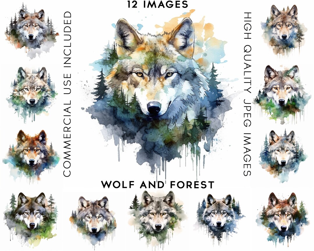 Wolf and Forest Clipart, 12 High Quality Jpgs , Watercolor Clipart ...