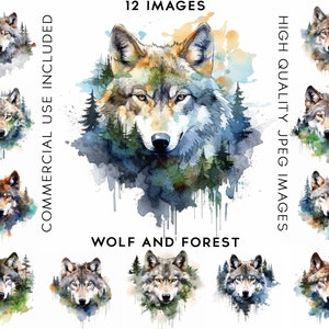 Wolf and Forest Clipart, 12 High Quality Jpgs , Watercolor Clipart ...