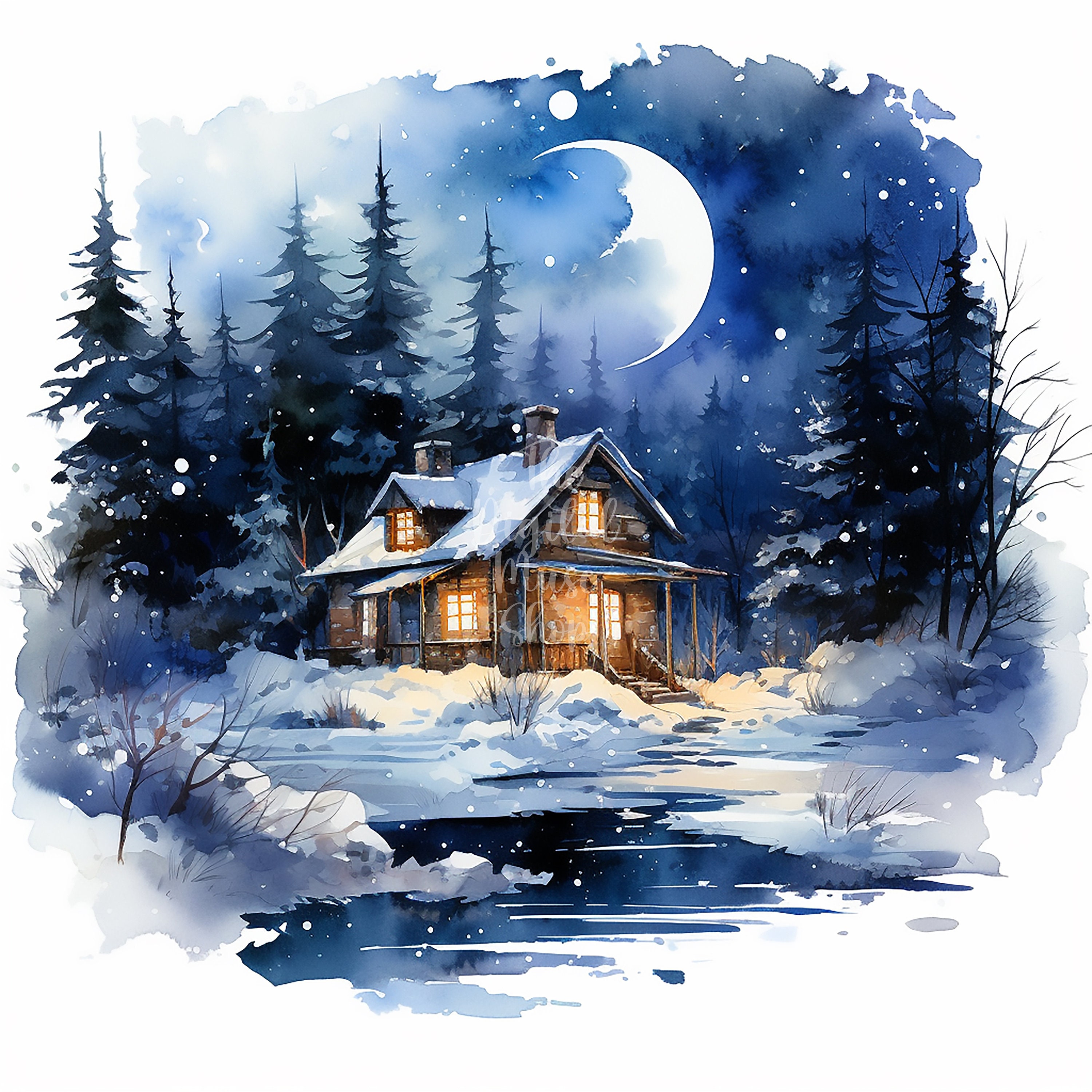 Watercolor Snowy Log Cabin Clipart Winter Clipart Snowy Night Clipart ...