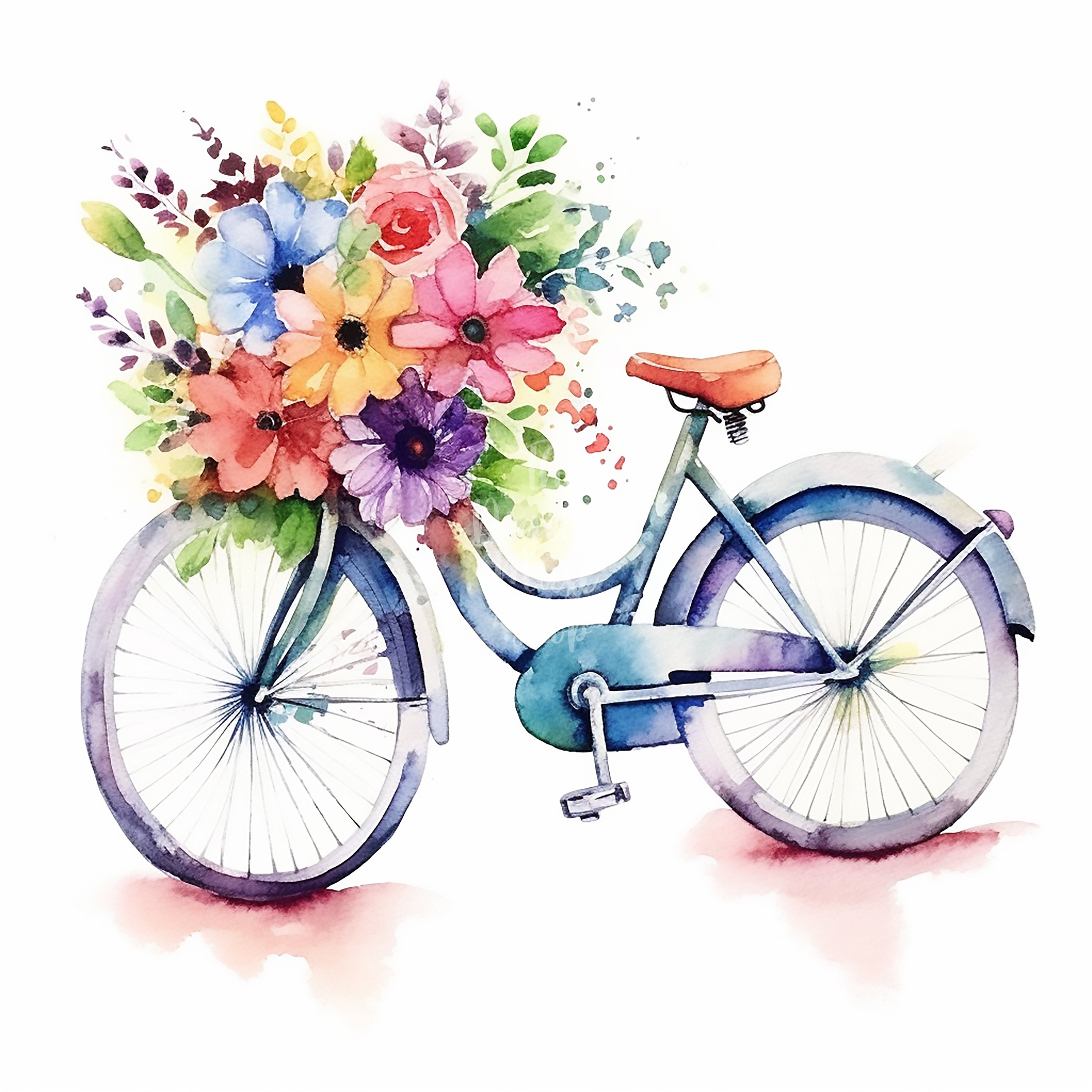 Bicycle With Flowers Clipart, 12 High Quality Jpgs, Clip Art Watercolor ...