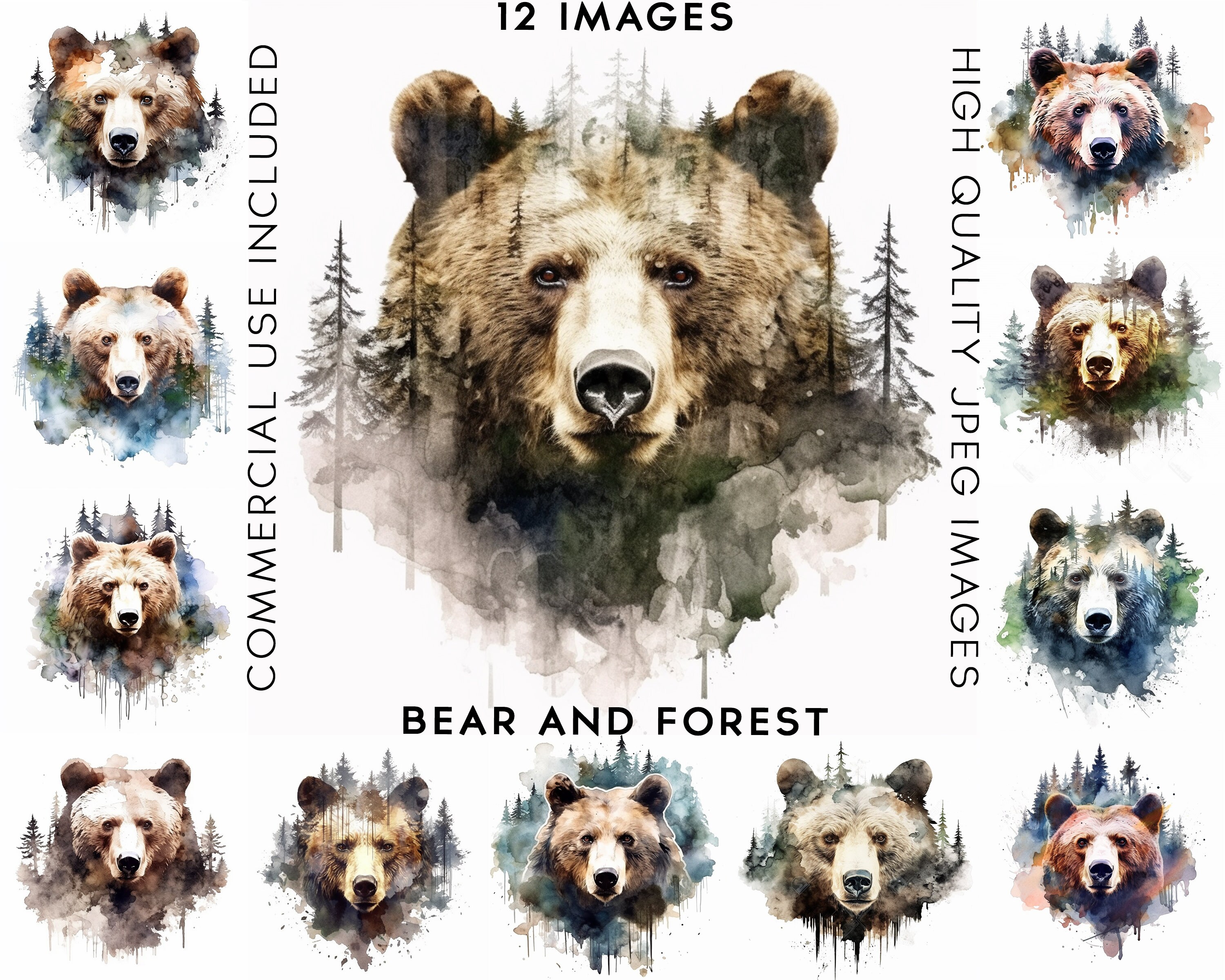 Bear and Forest Clipart, 12 High Quality Jpgs , Watercolor Clipart ...